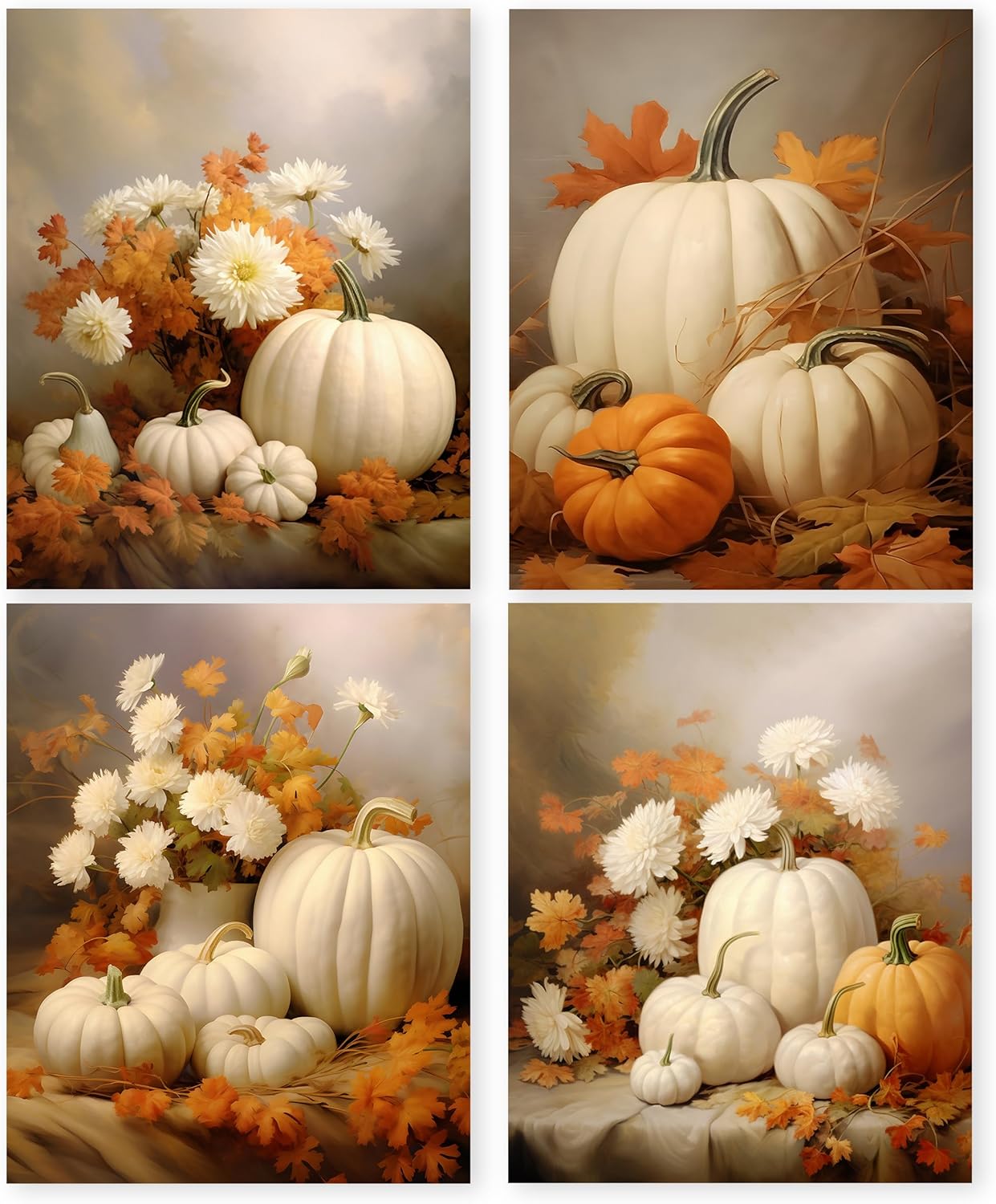 Amazon.com: HRQKO Fall White Pumpkin Wall Art Poster Prints Set of 4 ...