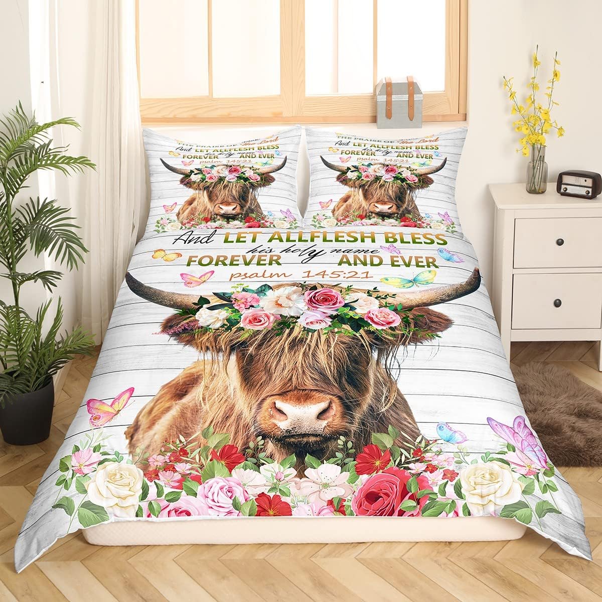 Feelyou Highland Cow Duvet Cover Set Rose Highland Cattle Bedding Set for Kids Boys Girls Bull ...