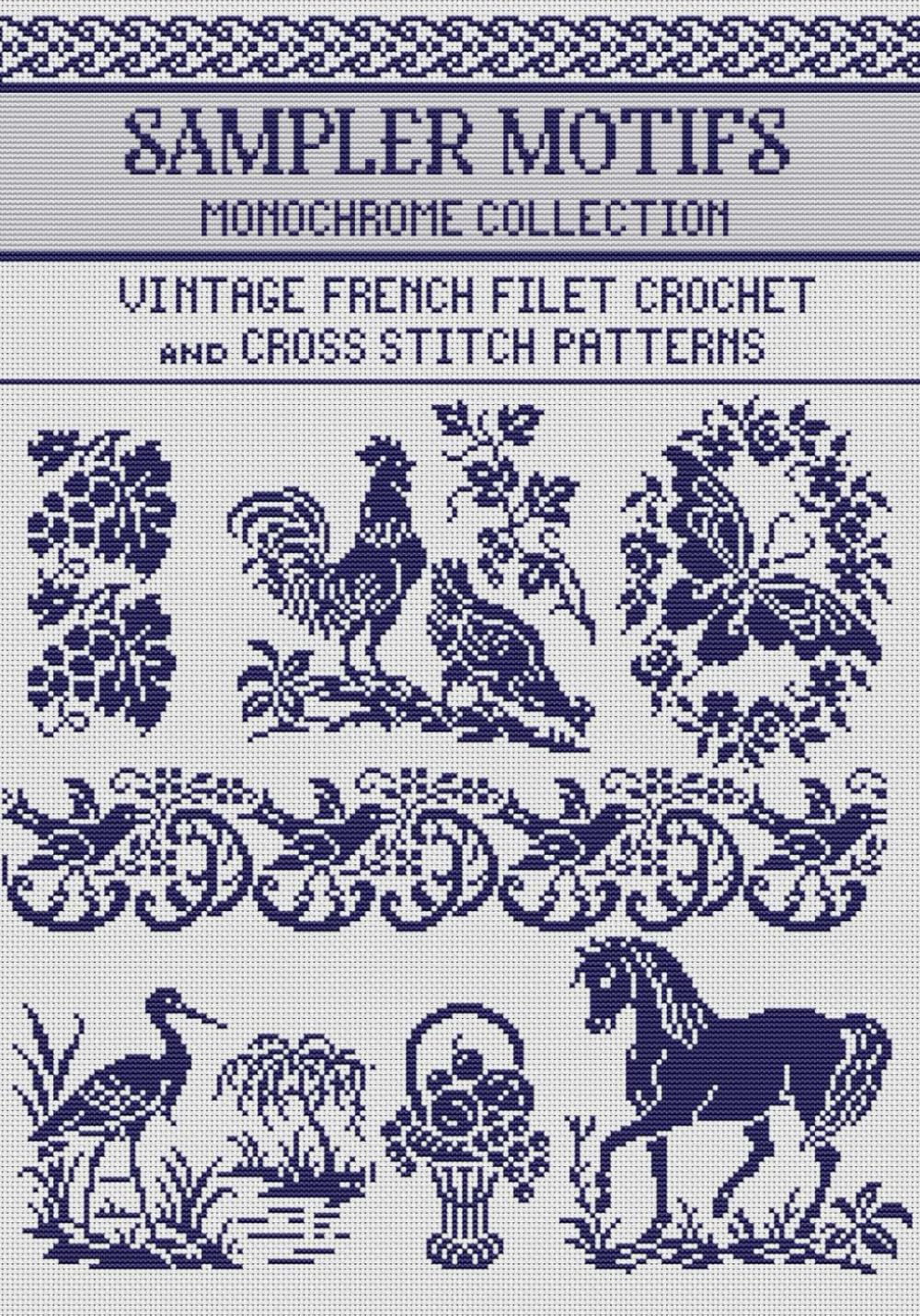 Sampler Motifs Filet Crochet and Cross Stitch Patterns Monochrome ...