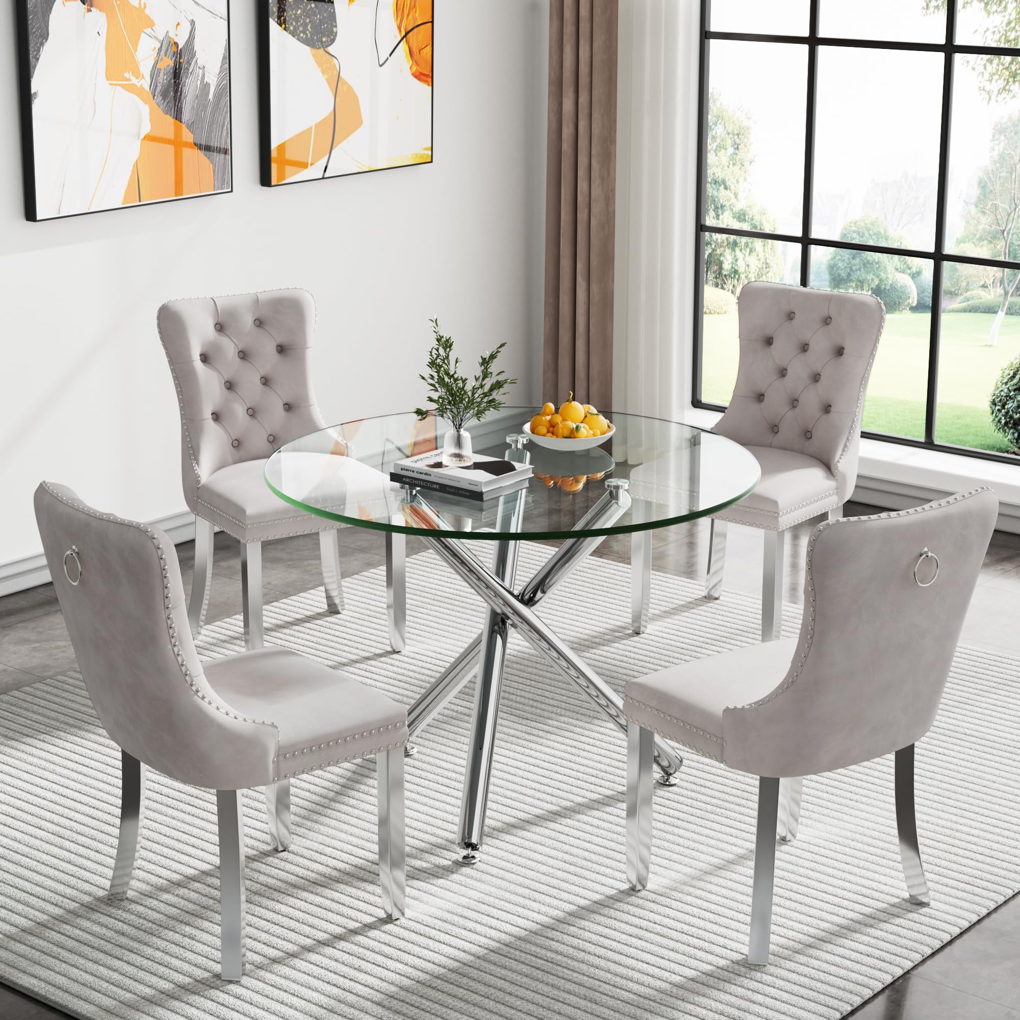 Amazon.com - Henf Round Glass Dining Table Set for 4, 5 Piece Modern ...