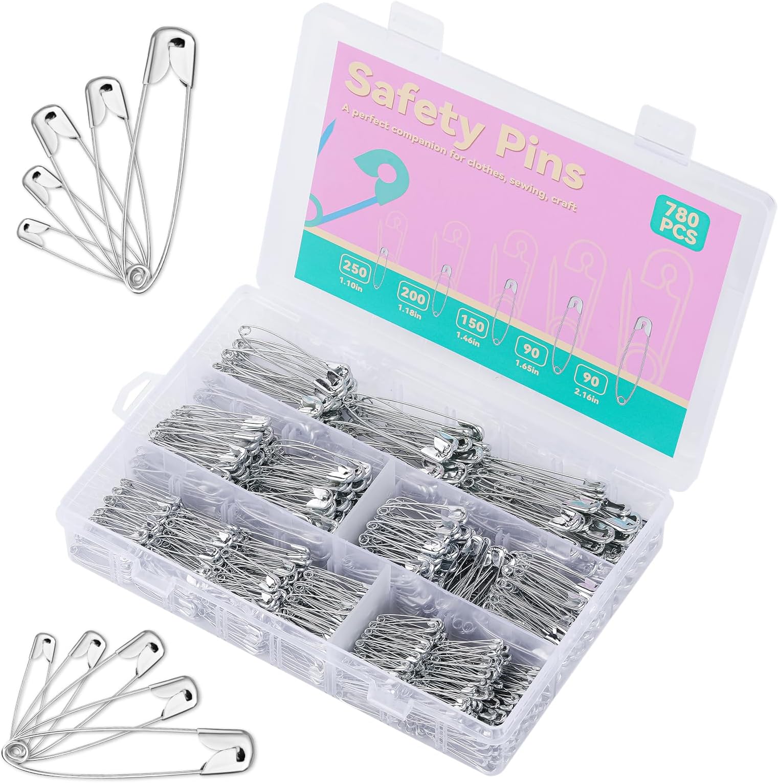 Amazon.com: Pnytty Safety Pins 780pcs Assorted Silver Clothes Pins, Small/Large Safety Pins Bulk ...