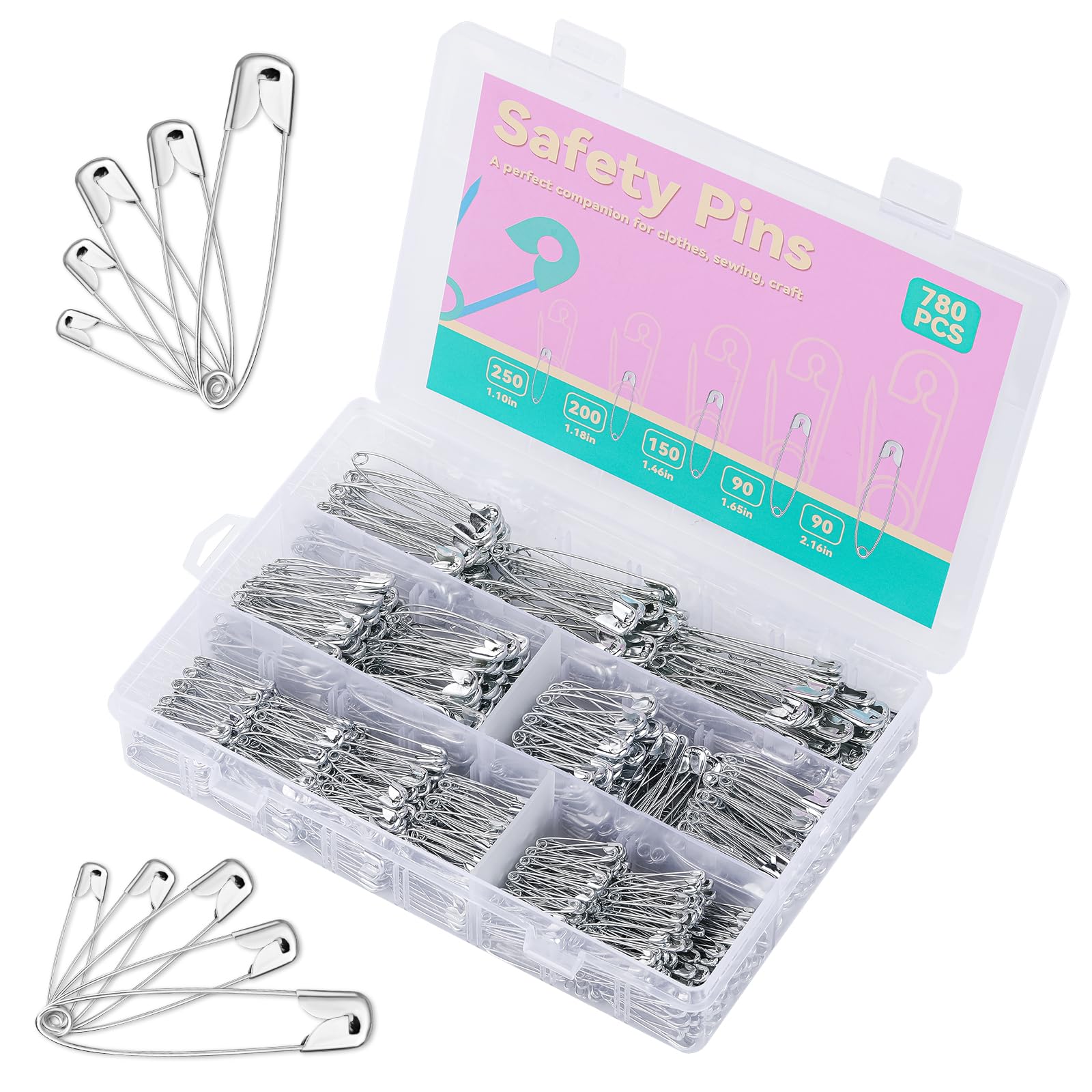 Amazon.com: Pnytty Safety Pins 780pcs Assorted Silver Clothes Pins, Small/Large Safety Pins Bulk ...