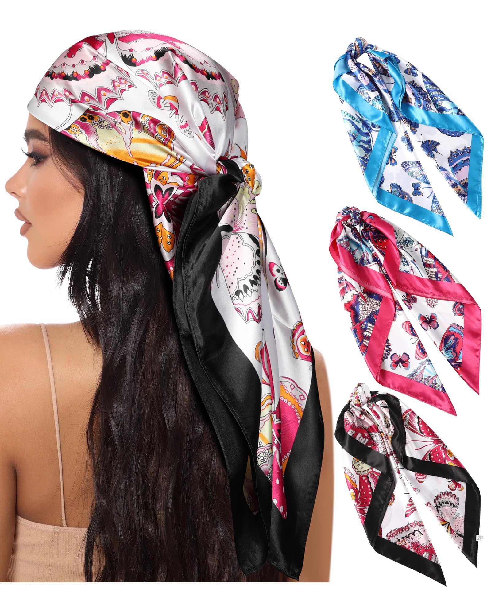 AWAYTR 35” Large Square Satin Head Scarf - 3Pcs Satin Hair Scarves Silk ...