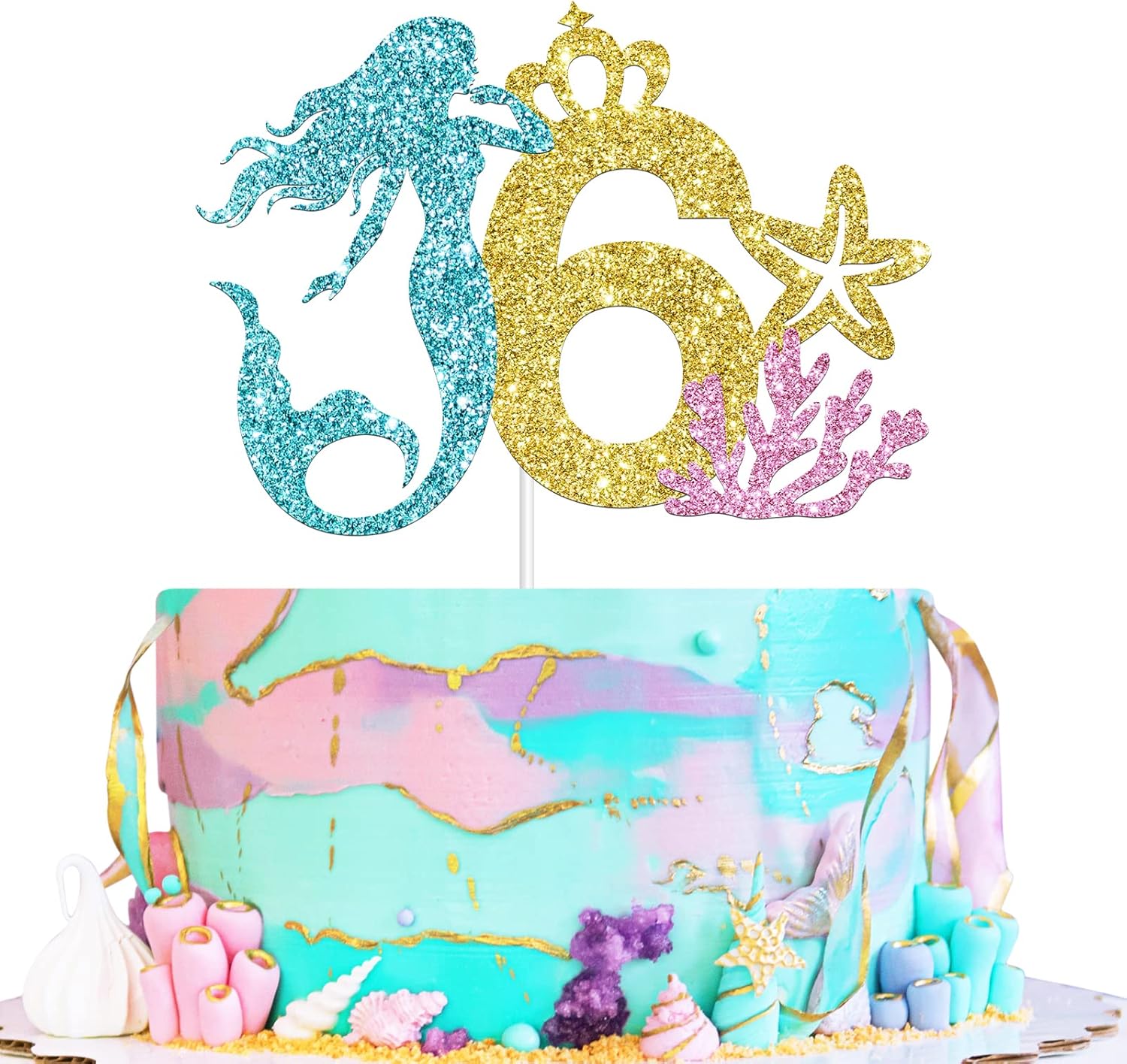 Amazon.com: Mermaid 6 Cake Topper for Baby Girl Happy 6th Birthday Cake ...