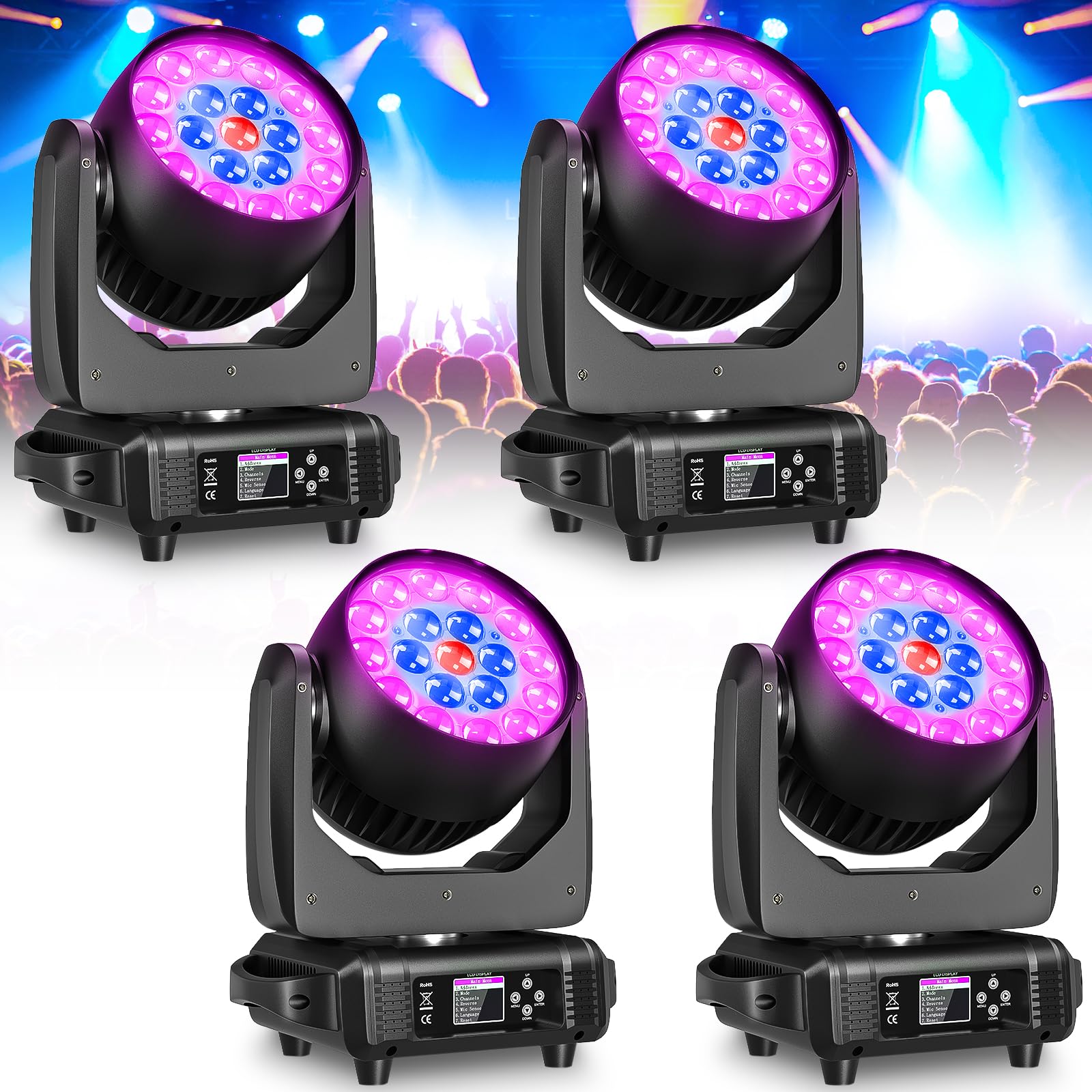 4er Pack 19x15W Moving Head LED Zoom DMX Beam Wash Effekt RGBW Bühne ...