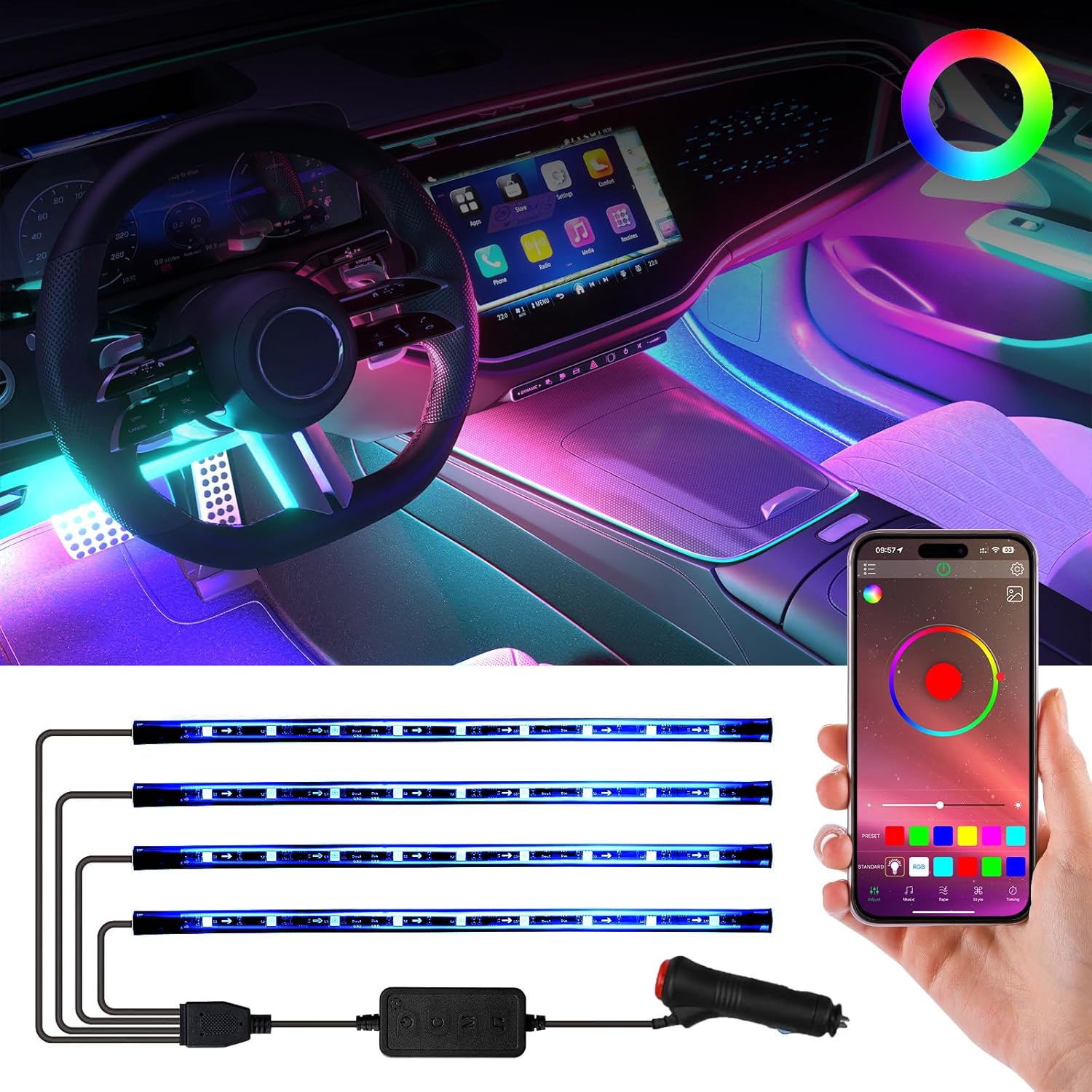 Amazon.com: RGB LED Car Interior Light Strips with App Controls ...