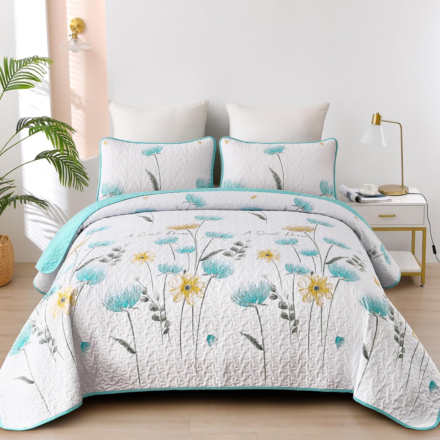 Floral Quilt Set Queen,Aqua Bedspread Queen Size 3 Pieces Lightweight ...