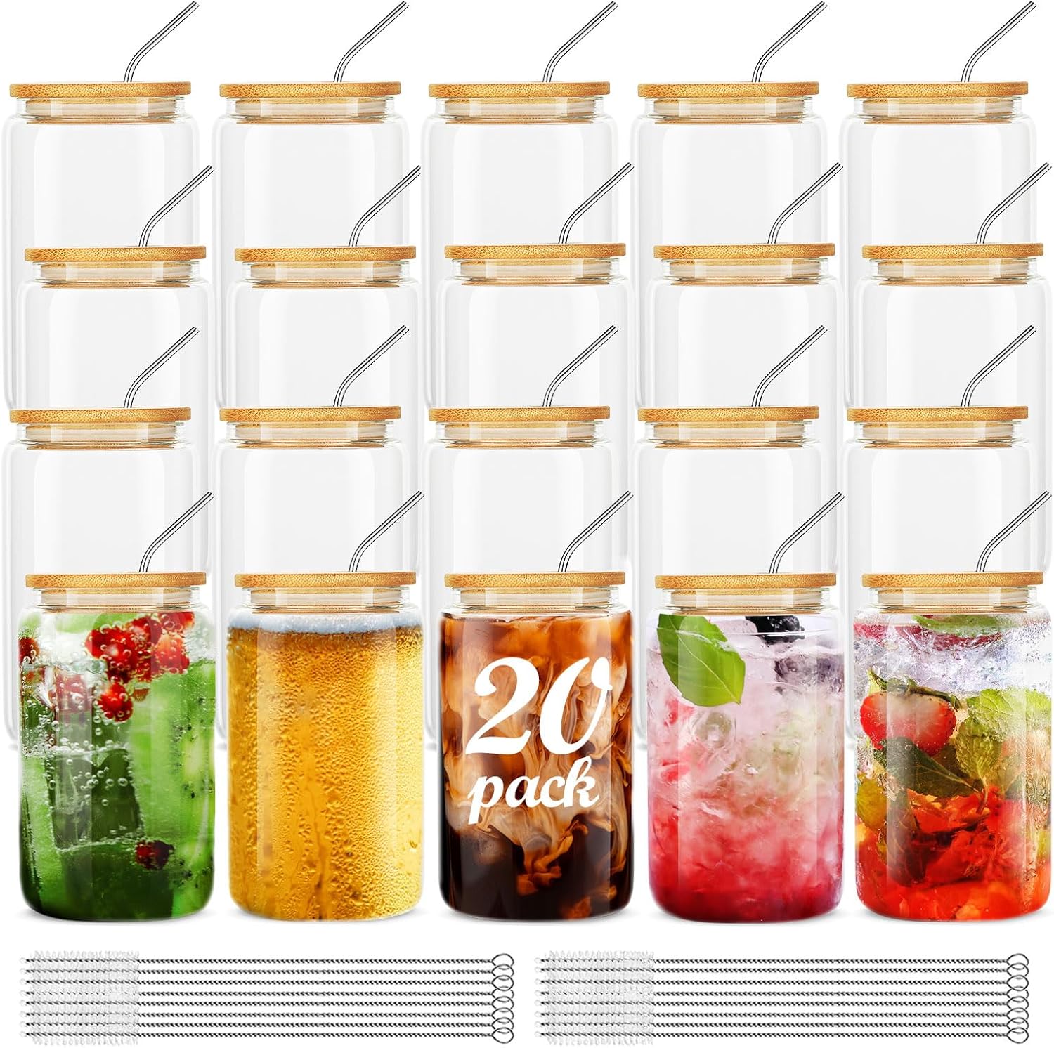 Amazon.com: ASKIZ [20Pcs Set] Glass Cups With Bamboo Lids And Straws ...