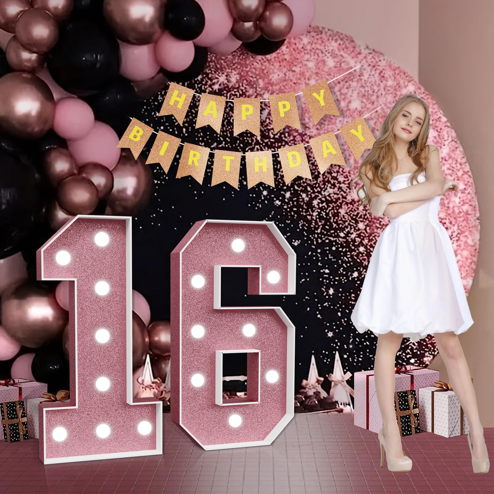 Marquee Numbers Pink 16th-Birthday Decorations: Large 3ft Light Up ...