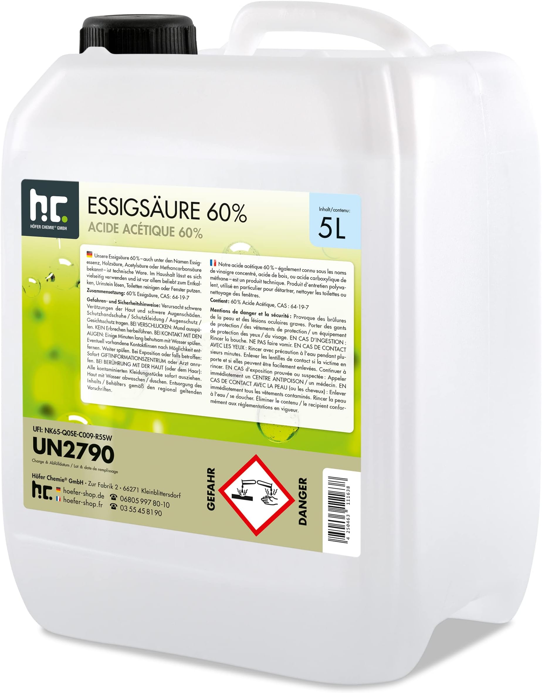 4 x 5 L Essigsäure 60% - frisch abgefüllt in praktischen 5 L Kanistern ...