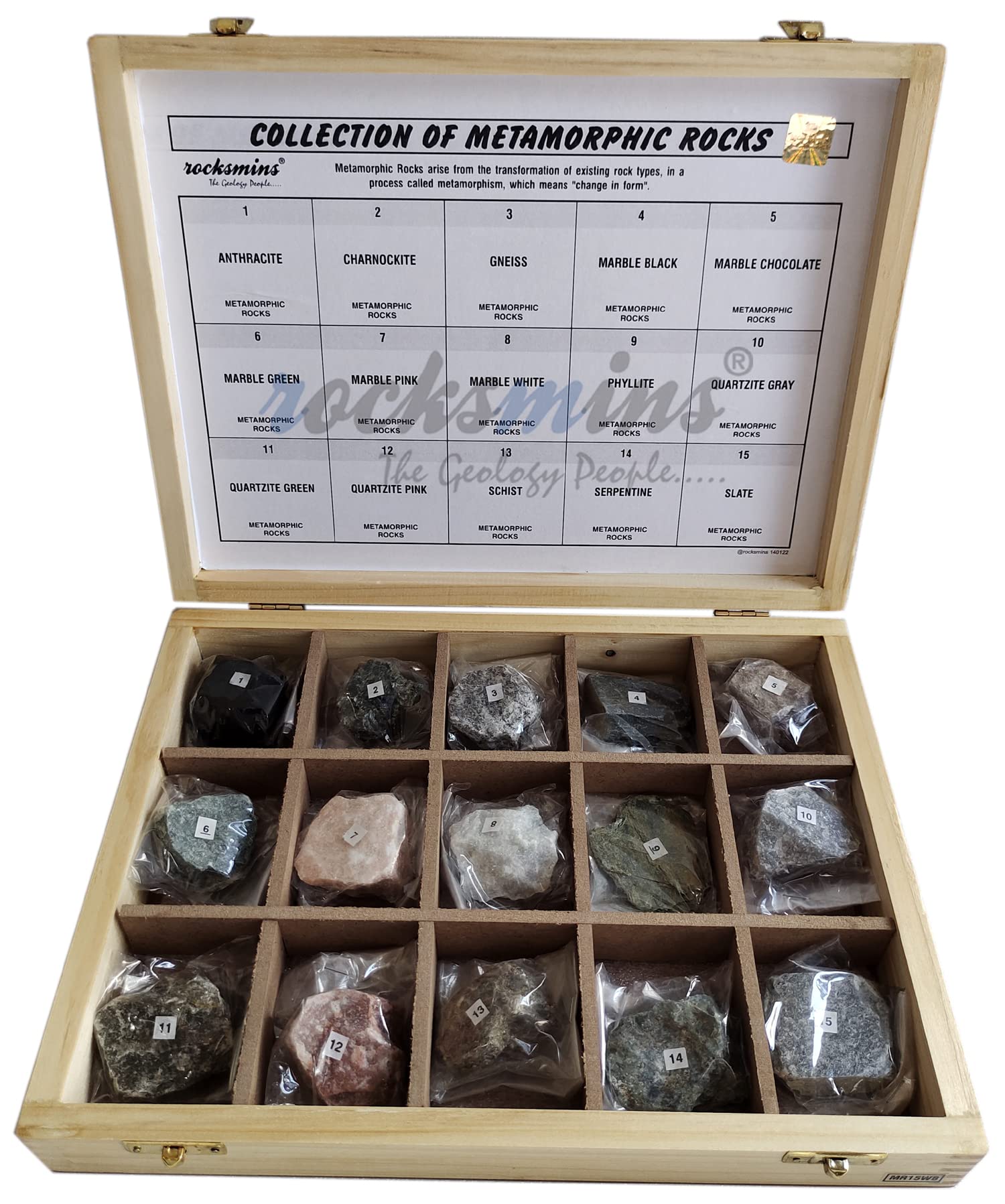 Buy Rocksmins MR15WB Collection Set of 15 Metamorphic Rocks in Wooden ...