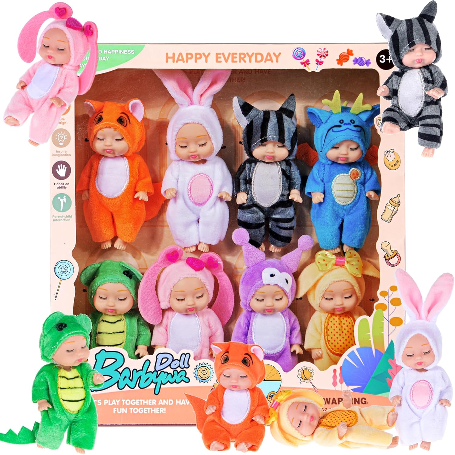 Amazon.com: dollbie 8 Pack Mini Baby Dolls - 4 inch Animal Theme ...