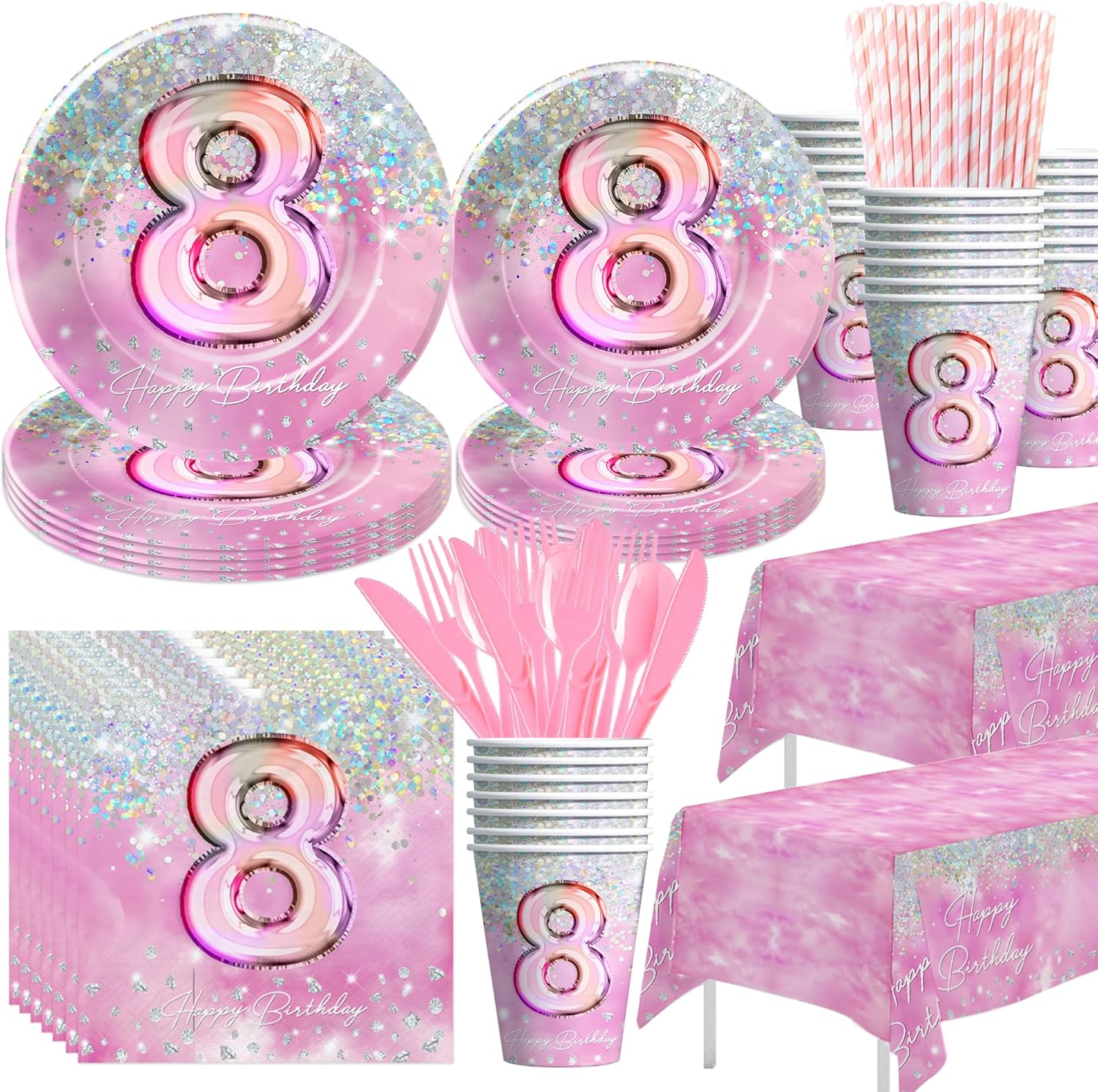Amazon.com: HIPVVILD Pink 8th Birthday Decorations Tableware, Girl ...