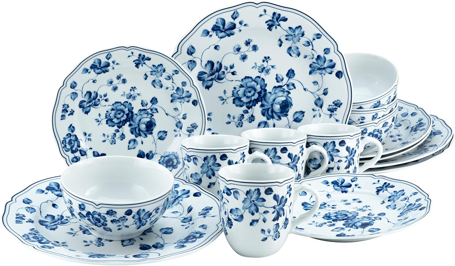 CreaTable, 22543, Serie ROYAL BLUE FLOWER, Geschirrset, Kombiservice 16 ...