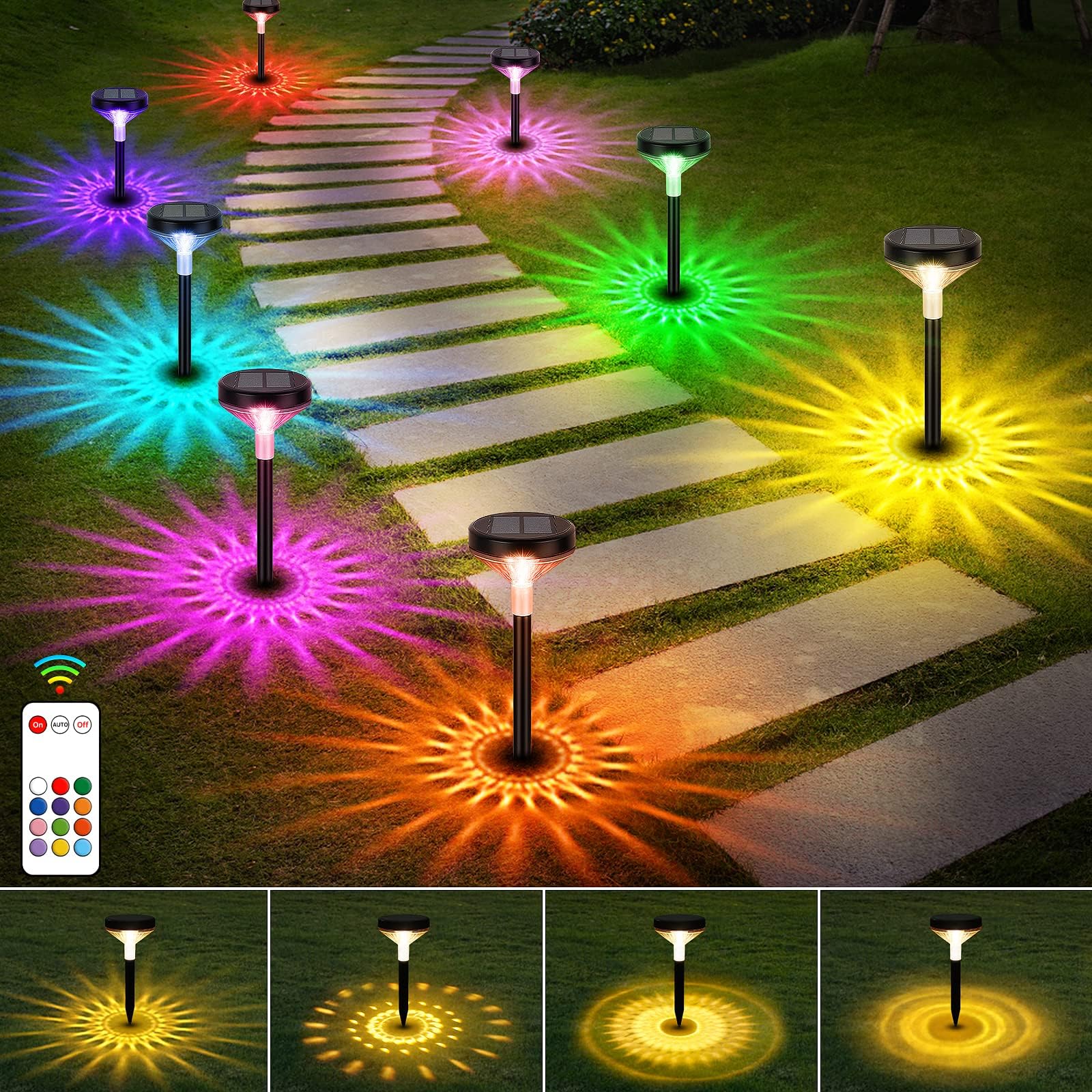 4 Pack Solar Pathway Lights, Up to 20H/4 Patterns/13 RGB Color+Warm ...