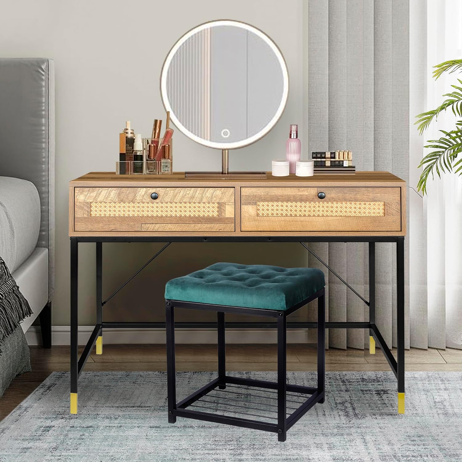 Amazon.com: LEEJAY Mix Oak Makeup Vanity Set, Modern Vanity Desk ...