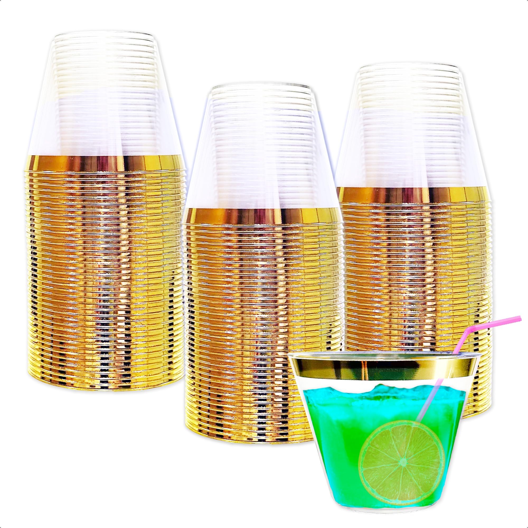 Elegant Gold Rim Clear Plastic Glasses - 100 Pack, 9oz (250ml ...
