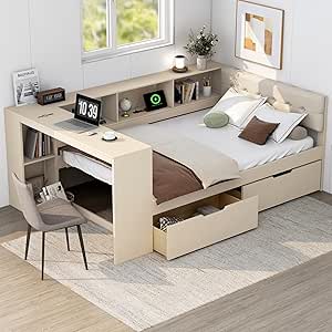 Amazon.com: Full Size Corner Bed Frame with Storage Drawers and Desk ...