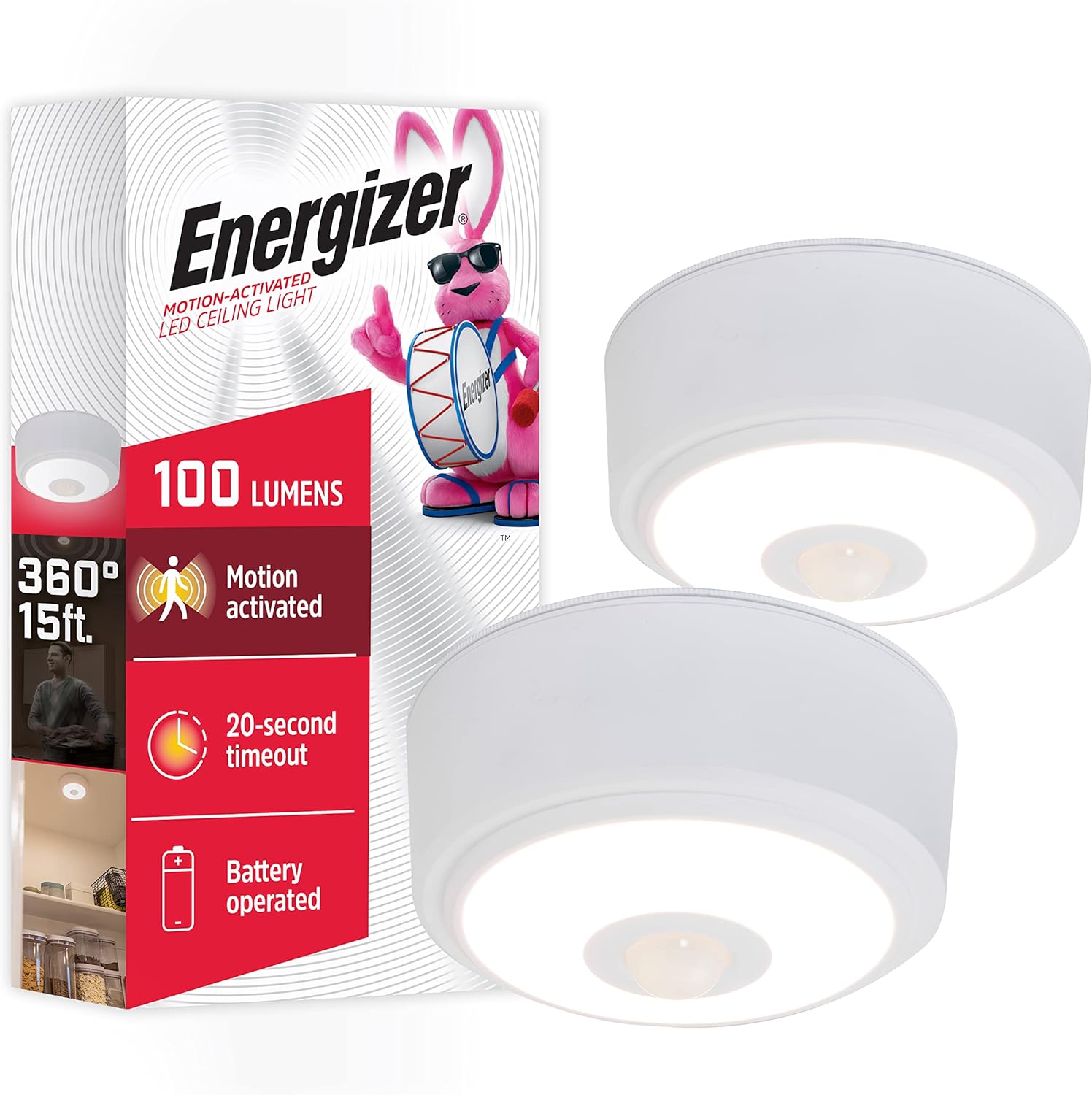 Energizer Motion Activated LED Ceiling Light, 2 Pack, Battery Operated ...
