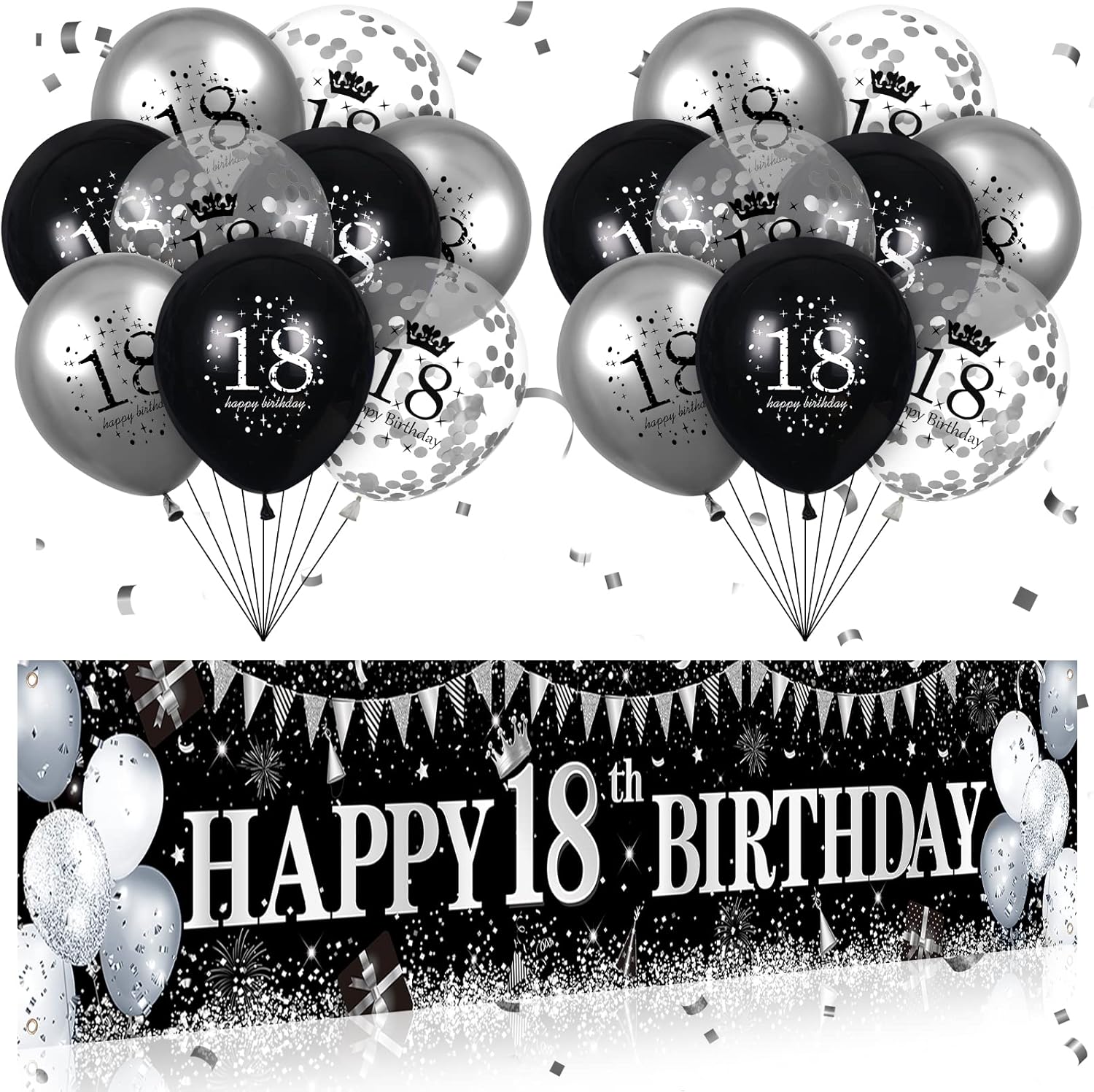 Amazon.com: Black Silver 18th Birthday Decorations - Happy Birthday ...