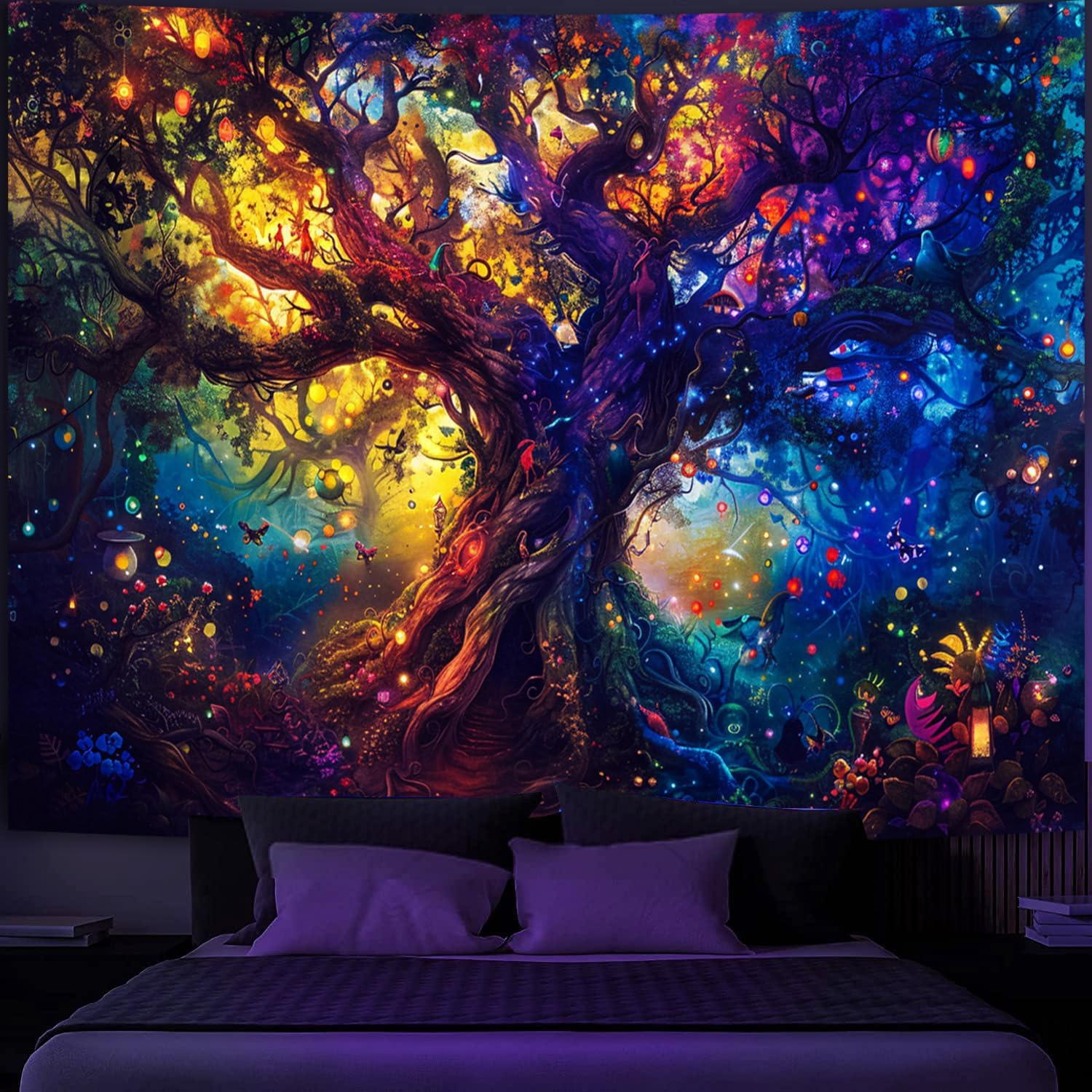 Simpkeely Blacklight Tree of Life Tapestry, Fantasy Forest Fairy ...