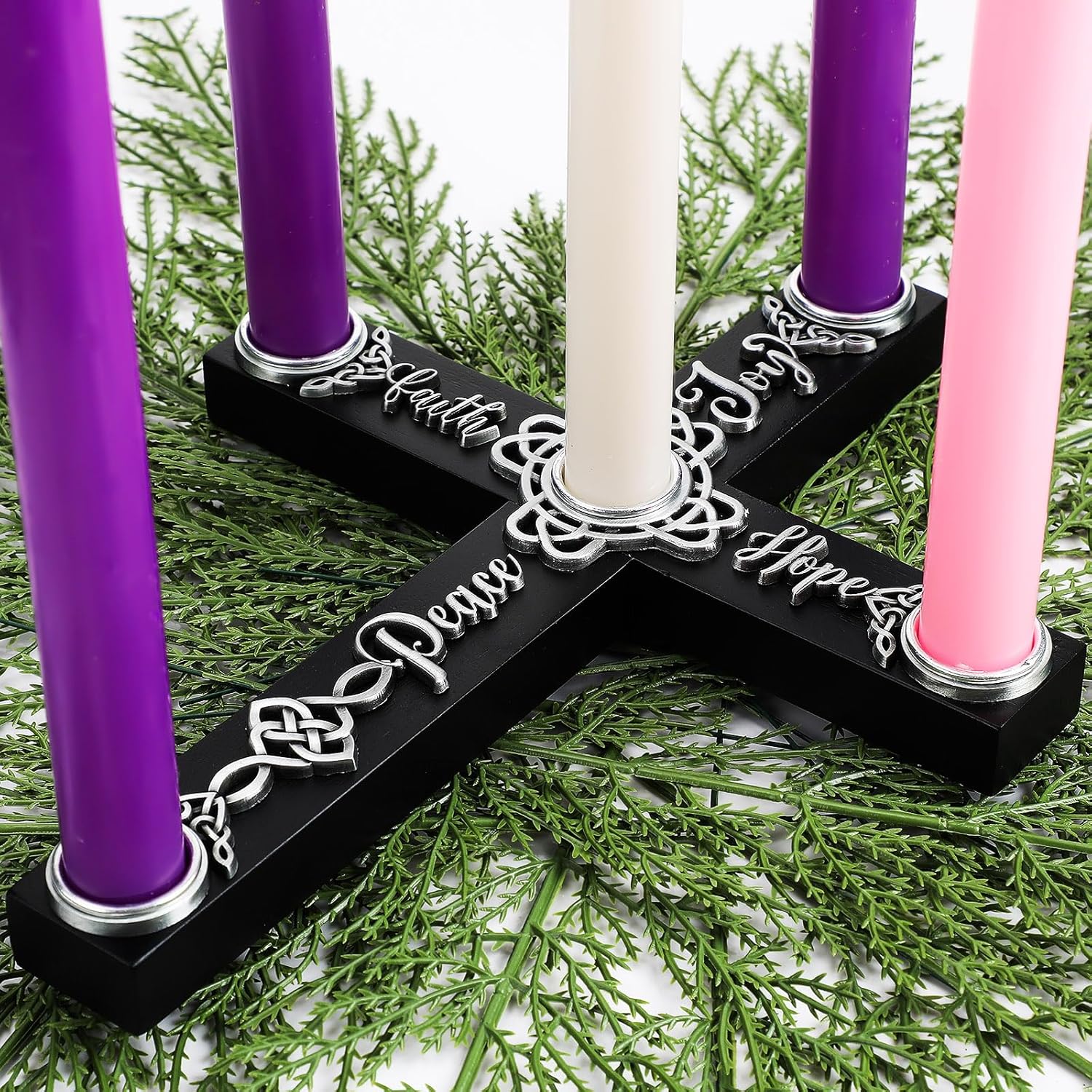 Advent Candle Holder Wood Cross Advent Wreath Candleholder with Metal Celtic Knot, Joy, Faith ...