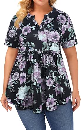 ALLEGRACE Women Plus Size Tunic Tops Summer Short Sleeve Floral Tunics ...