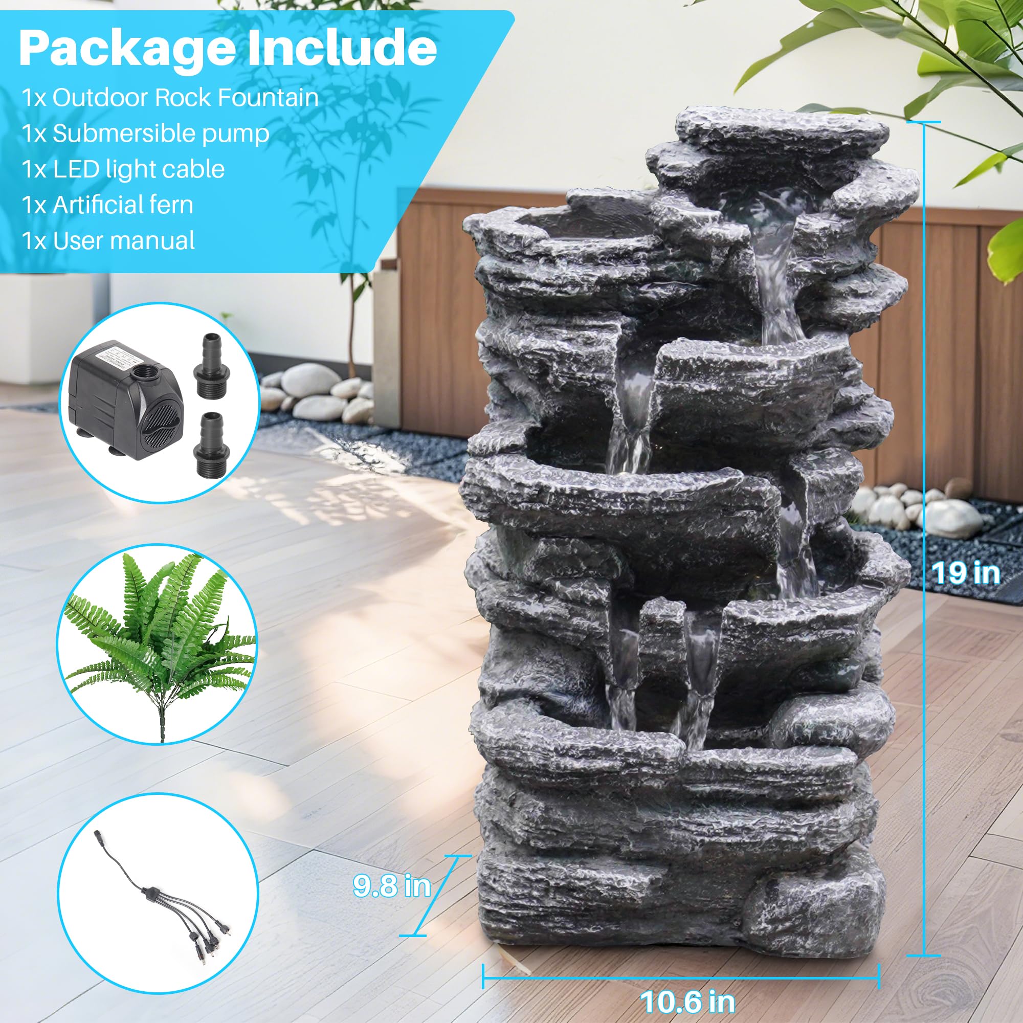 Patio Fountain 20 Inch Height Biling 5-Tier Cascading Rock Outdoor ...