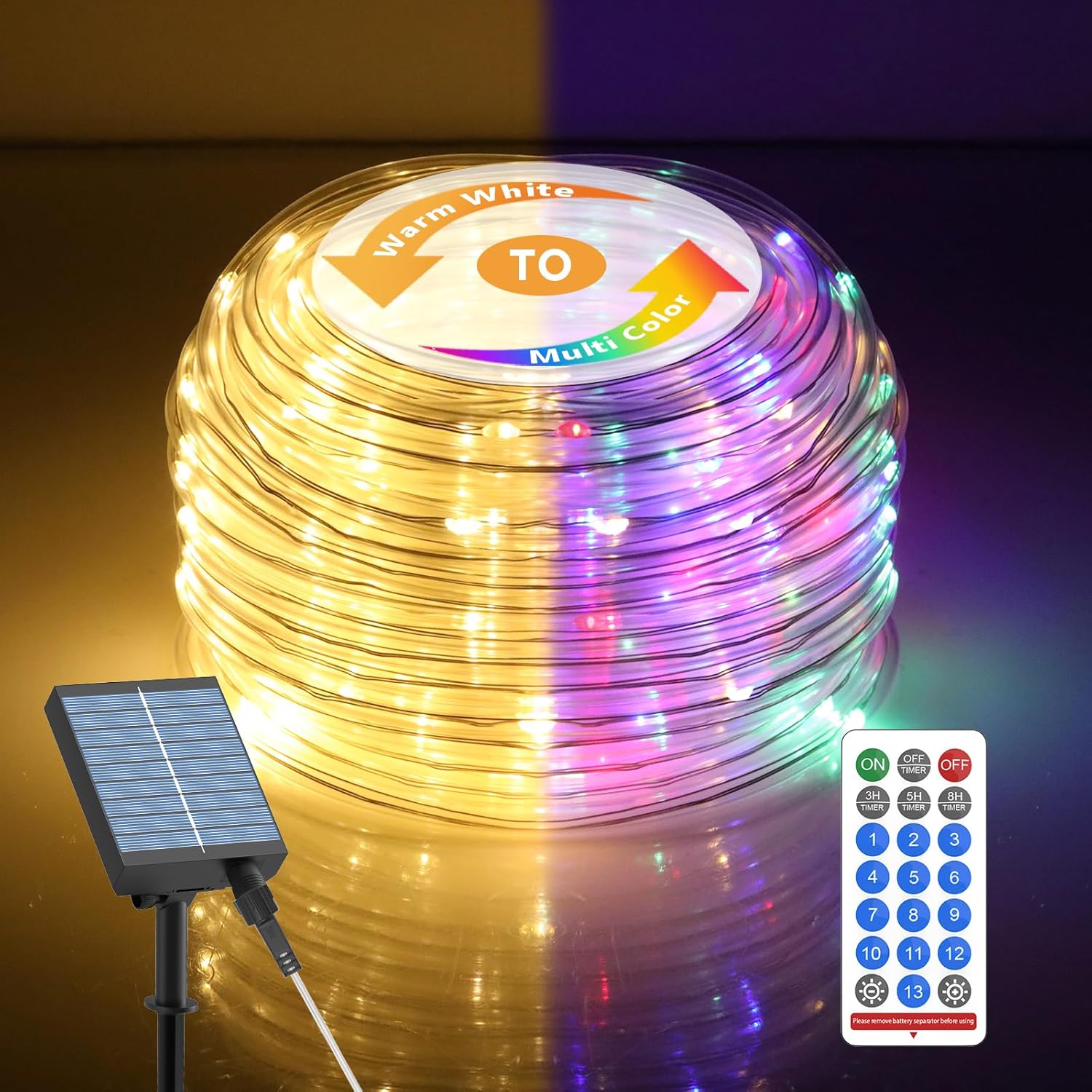 ICRGB Solar Outdoor Rope Lights, 66Ft 200 LED Solar Outdoor String ...