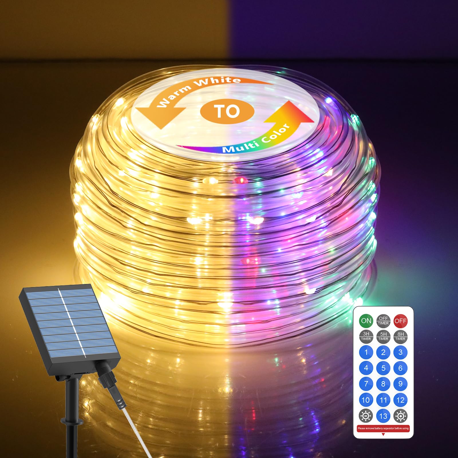 ICRGB Solar Outdoor Rope Lights, 66Ft 200 LED Solar Outdoor String ...