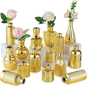 Amazon.com: NUPTIO Bud Vases Bulk Gold: 15 Pcs Glass Small Vase Set for Flowers - Mini Vintage ...