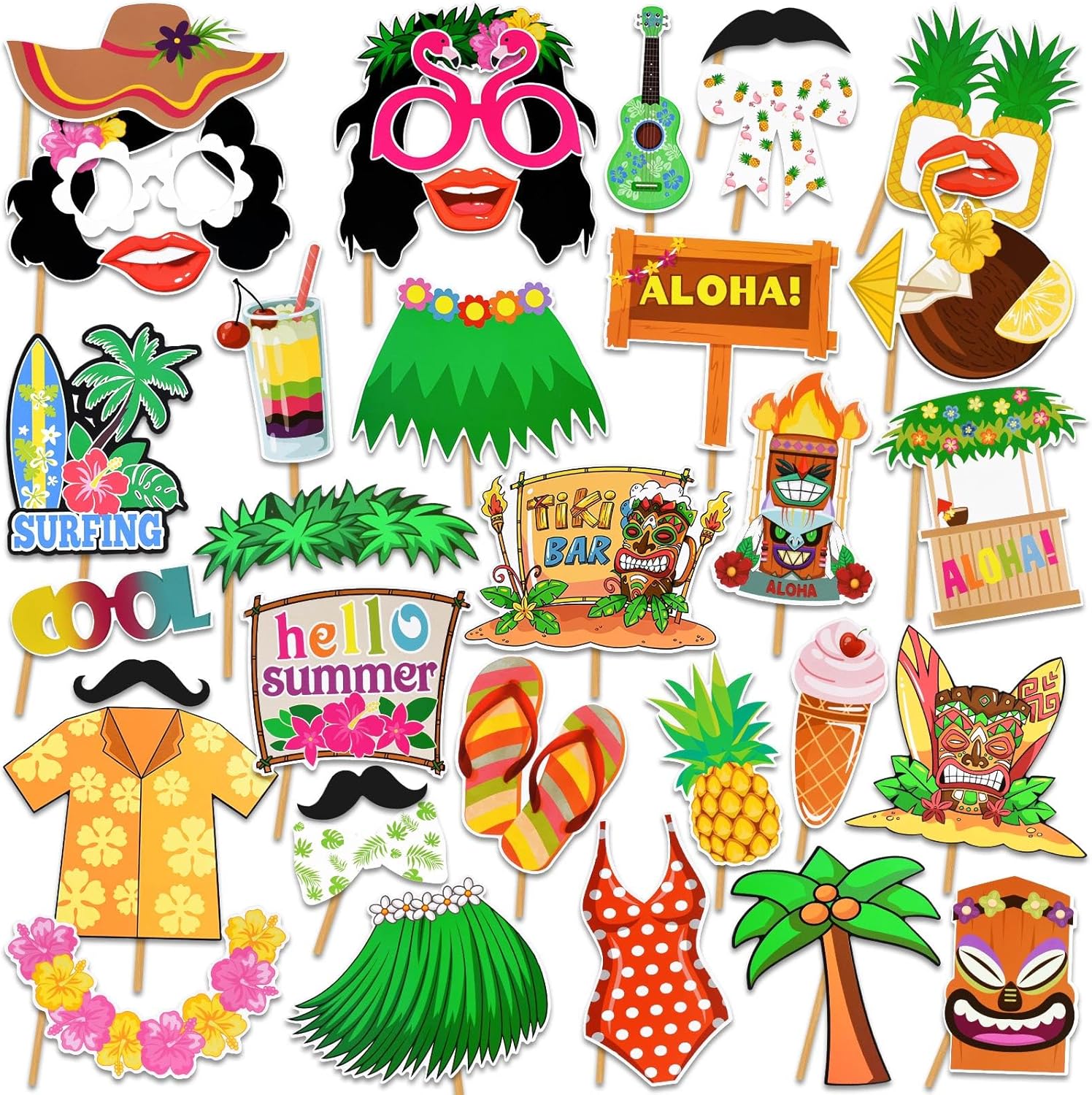 Amazon.com: YGAOHF 72 Pcs Large Hawaiian Photo Booth Props - Luau Party ...