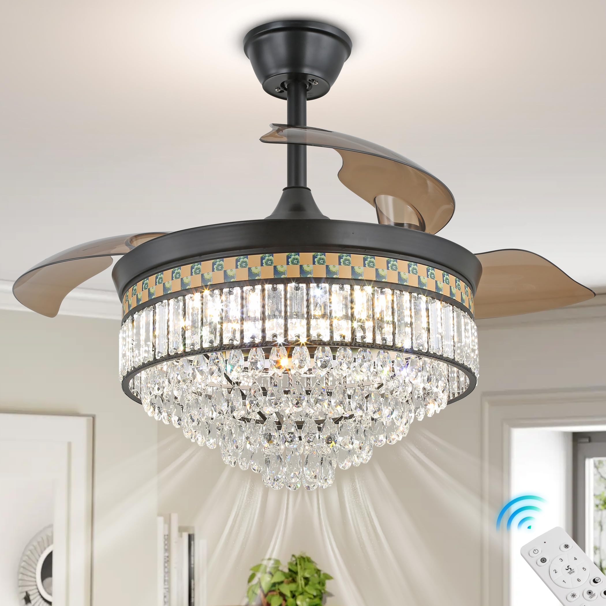 42'' Dimmable Crystal Ceiling Fans Modern LED Ceiling Fandelier ...