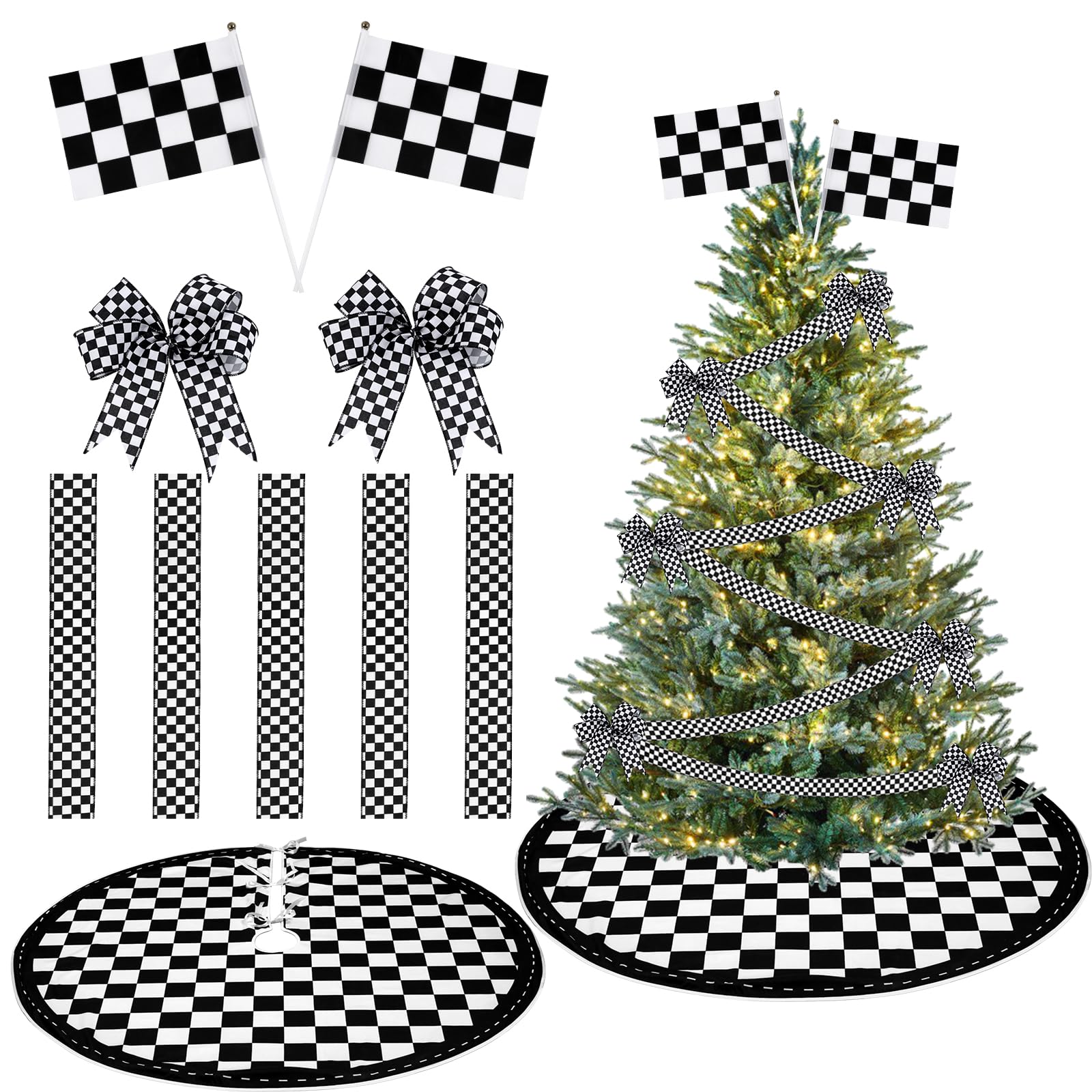Amazon.com: Fangleland Black White Race Car Theme Christmas Tree Decorations Set, Checkered Tree ...