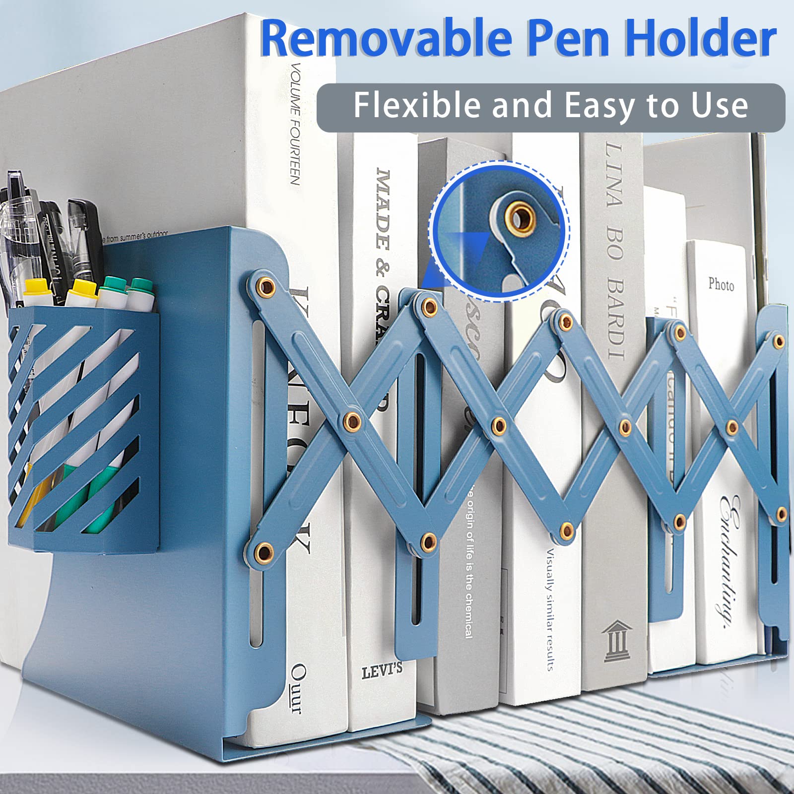 Heavy Duty Book Ends to Hold Books with Pen Holder, Carooyac Adjustable ...