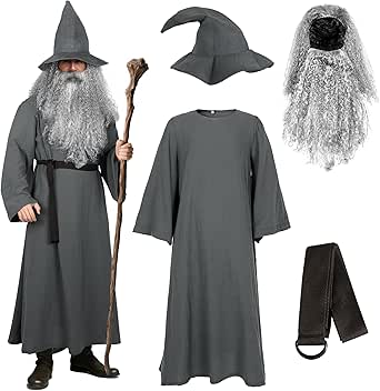 Amazon.com: JPXH Adult Wizard Costume Set 5-Piece Gray Sorcerer Outfit for Halloween Costumes ...