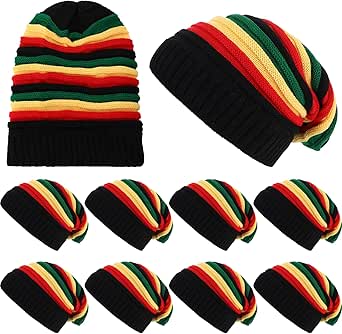 Jeyiour 10 Pcs Jamaica Reggae Beanie Multi Color Rainbow Striped Rasta ...