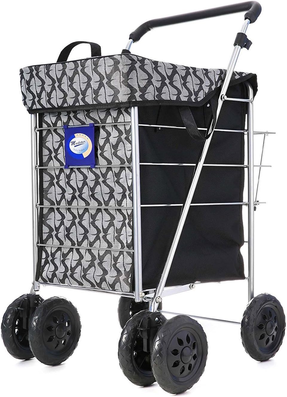 Marketeer Stroller Swivel 6 Wheel Shopping Trolley with Veg Rack Black ...