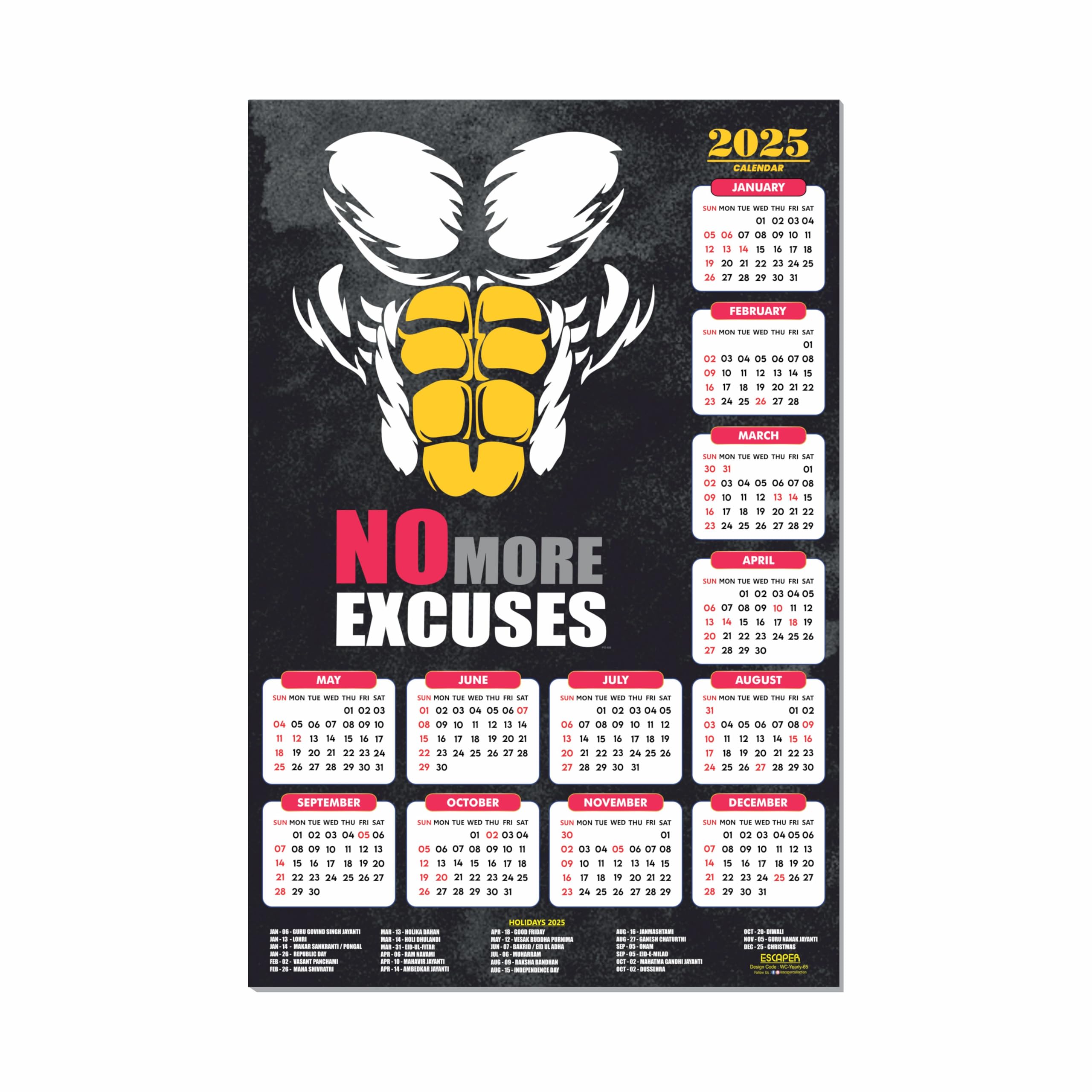 Escaper No More Excuses Gym Wall Calendar 2025 Hanging 12 | Desertcart ...