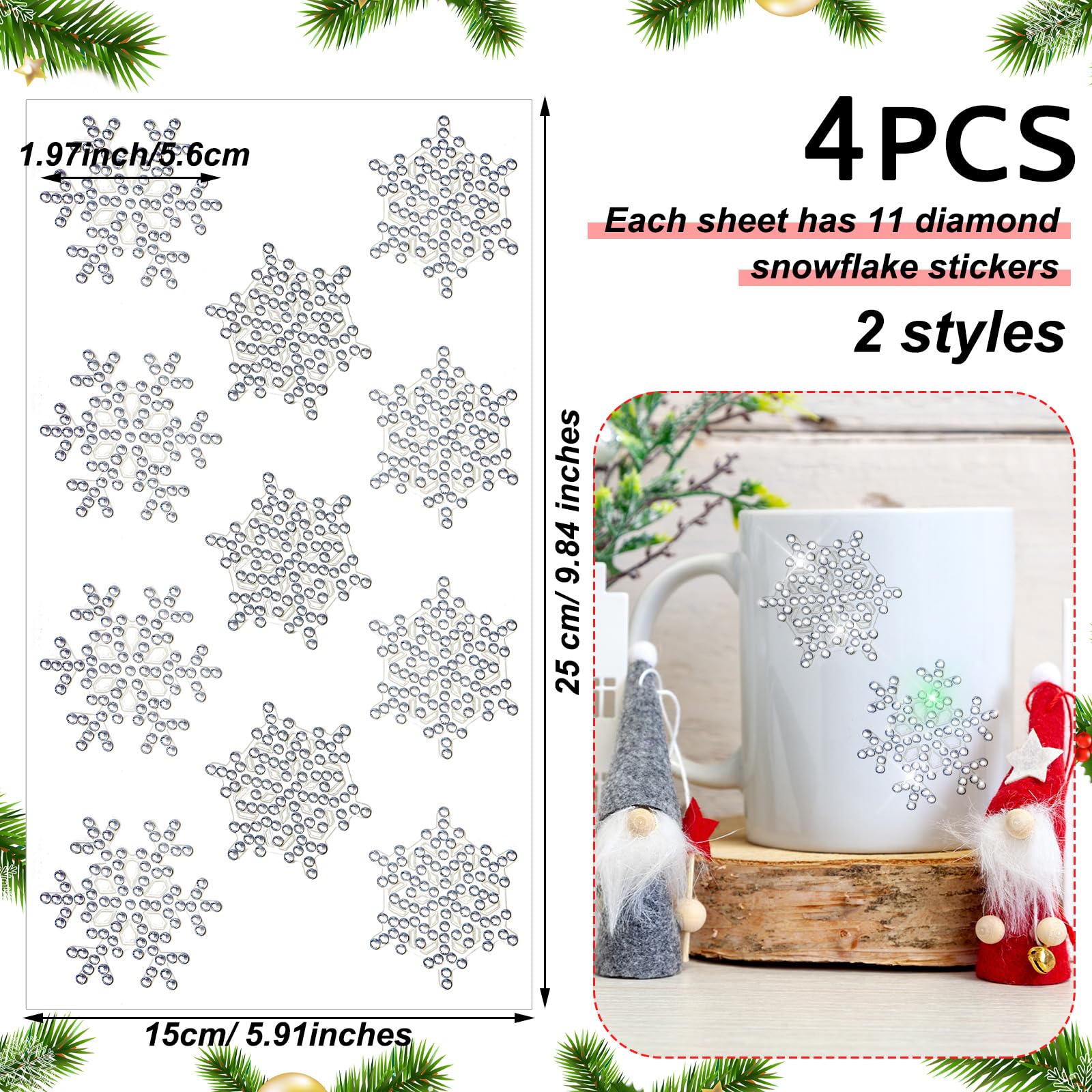 Snapklik.com : 4 Sheets Snowflake Rhinestone Stickers Winter Glitter ...