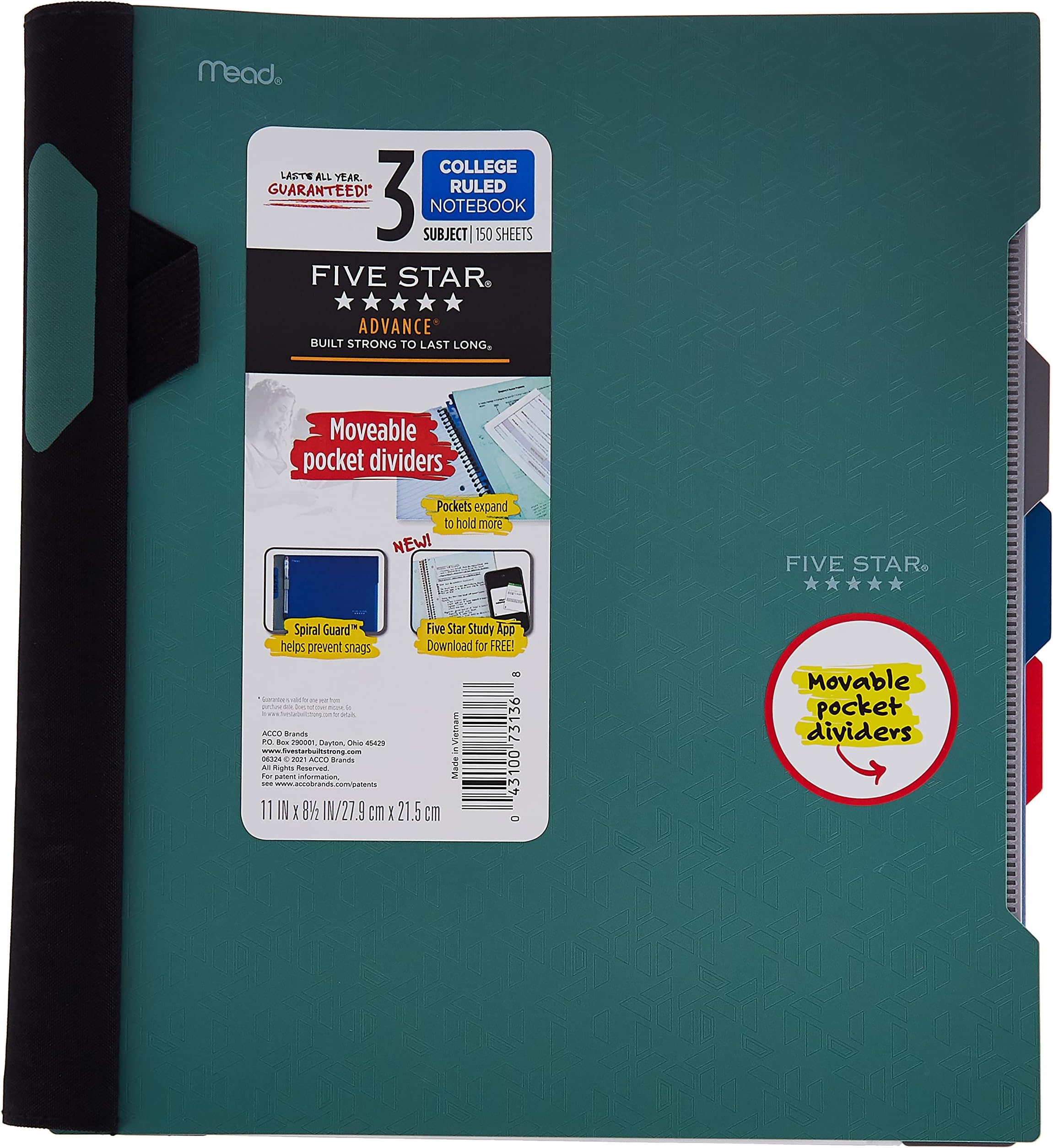 Amazon.com : Five Star Advance Spiral Notebook + Study App, 3 Subject ...