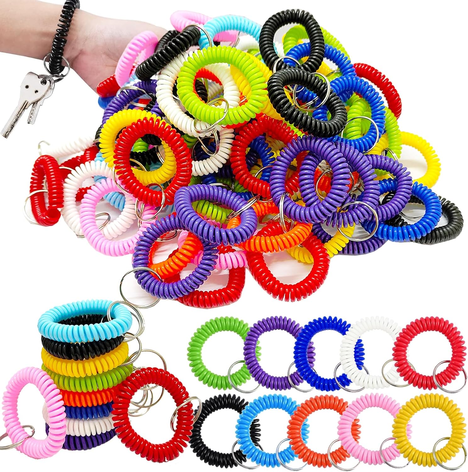 xlehoely 100 PCS Wrist Keychain,Spiral Keychain Bracelet Wrist Coil Key ...