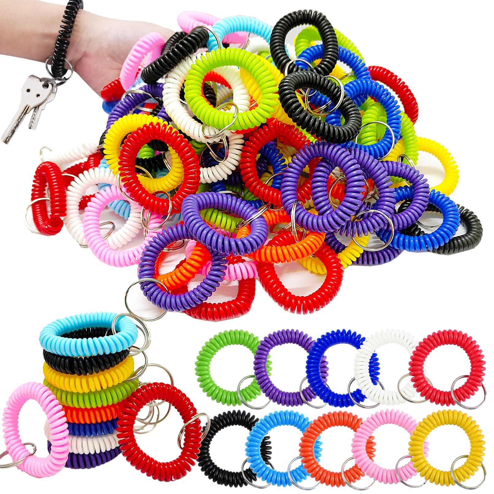xlehoely 100 PCS Wrist Keychain,Spiral Keychain Bracelet Wrist Coil Key ...
