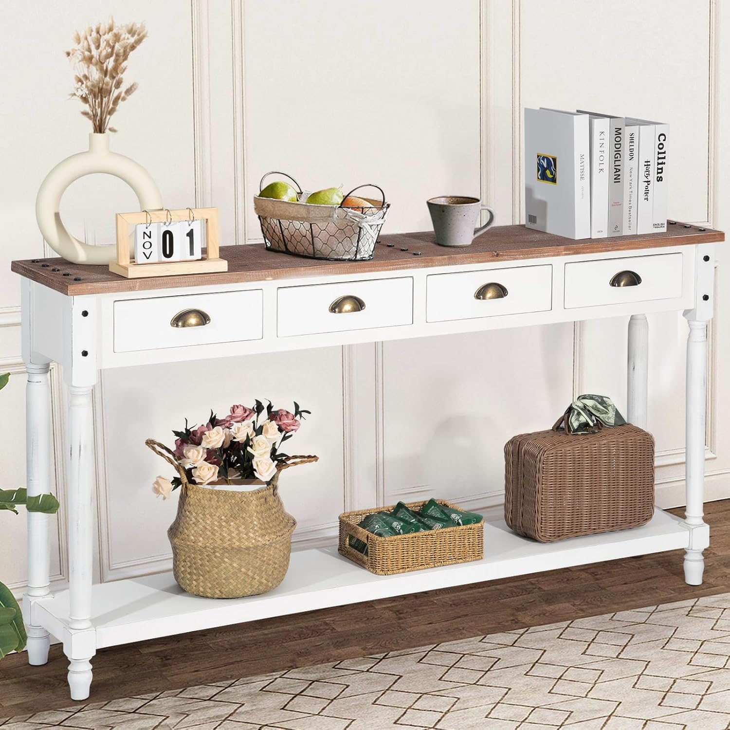 Amazon.com: Wnutrees Farmhouse Console Table 60" Long with 4 Drawers ...