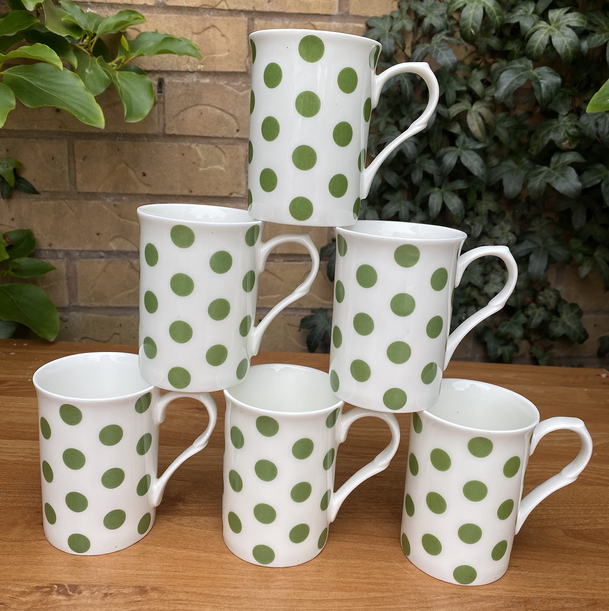 Tamersgifts Set of 6 Fine Bone China Spotty Mugs Polka Dots Green White ...