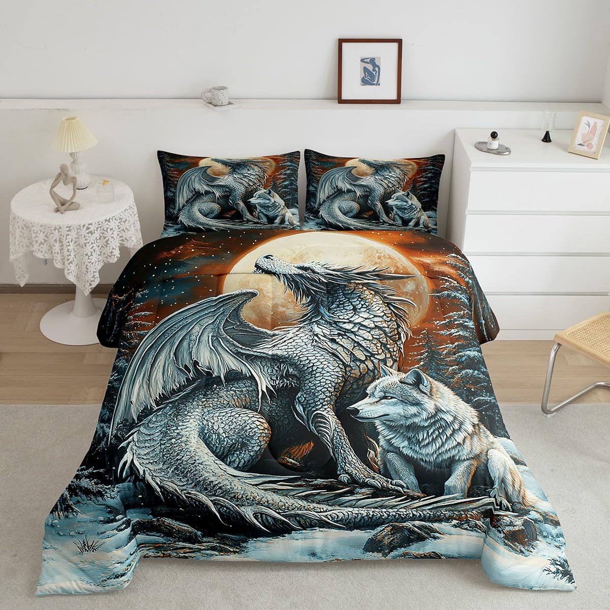 Amazon.com: Castle Fairy Dragon Wolf Comforter Set King Size 3D Western ...
