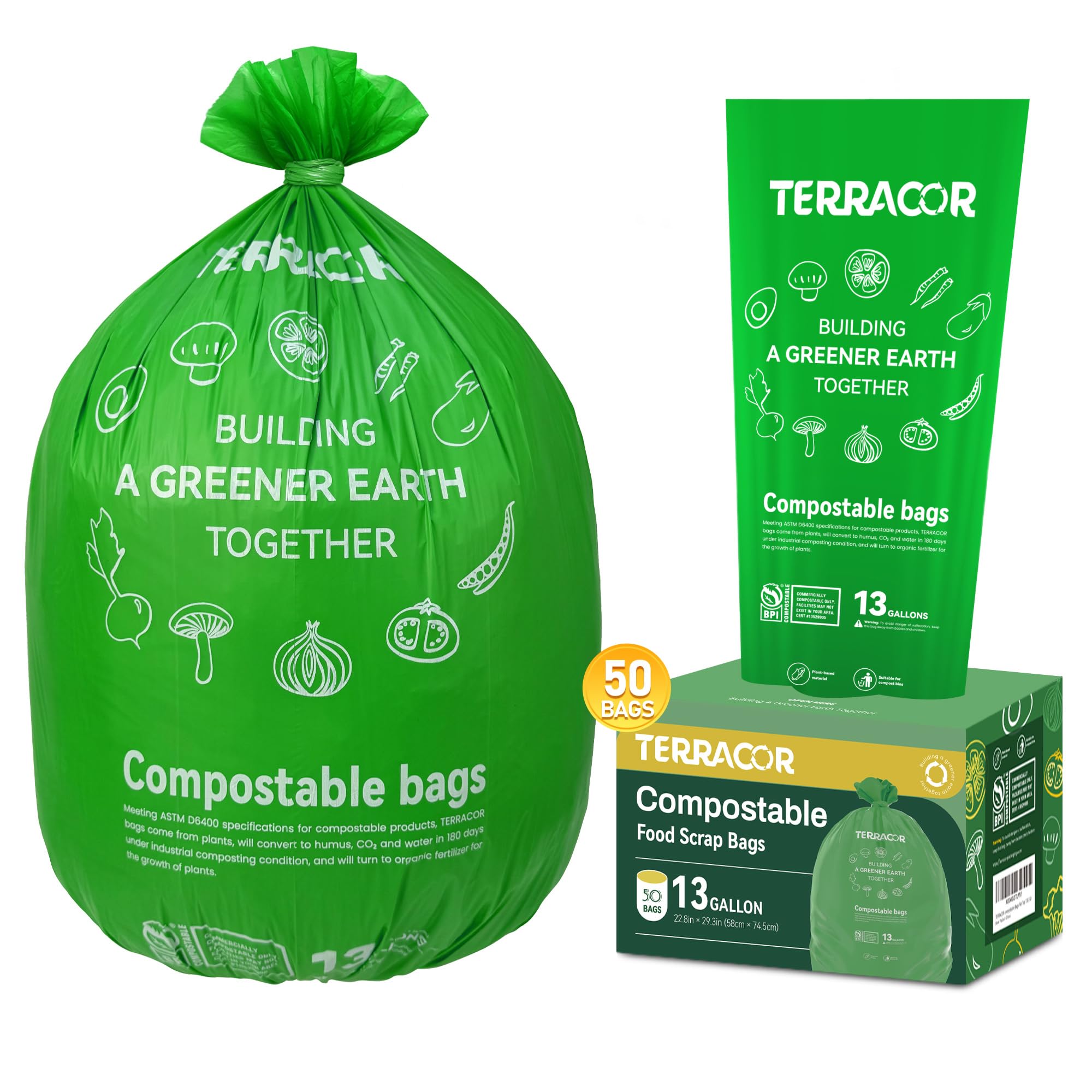 Amazon.com: TERRACOR 13 Gallon Compostable Trash Bags Handle Tie,50 ...