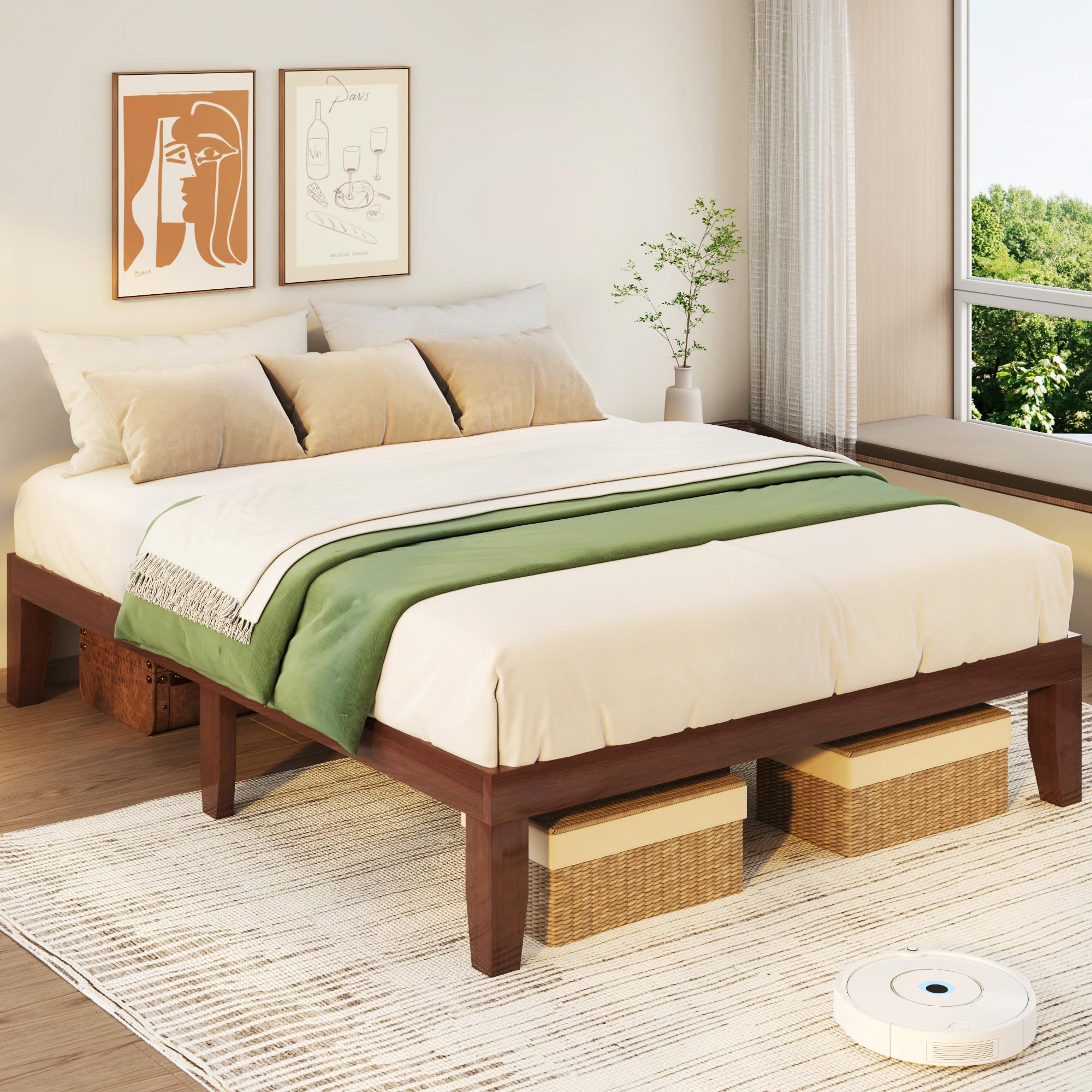 Amazon.com: Lifezone Queen Solid Wood Platform Bed, 14 Inch Rubber Wood ...
