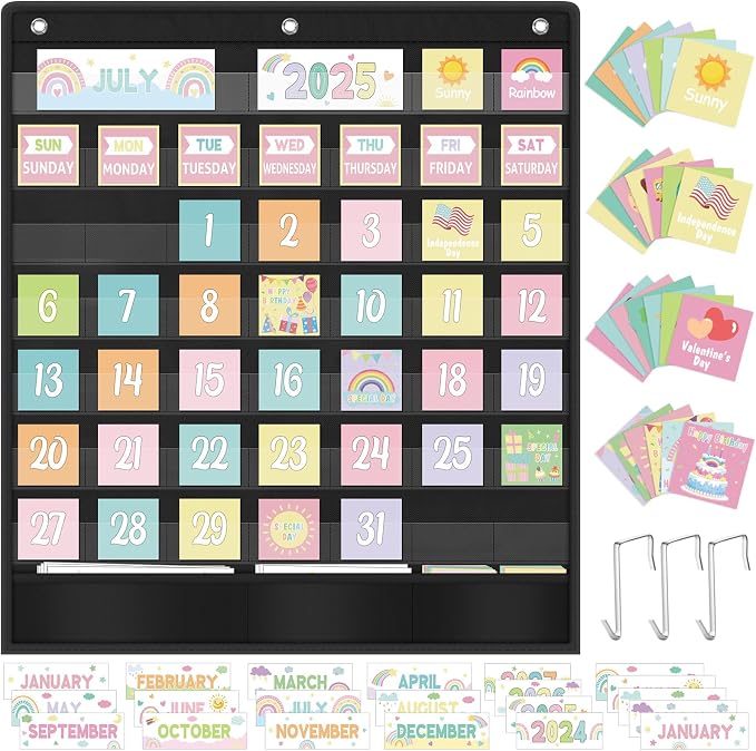 Amazon.com: Pastel Classroom Calendar Pocket Chart for Kids Learning ...