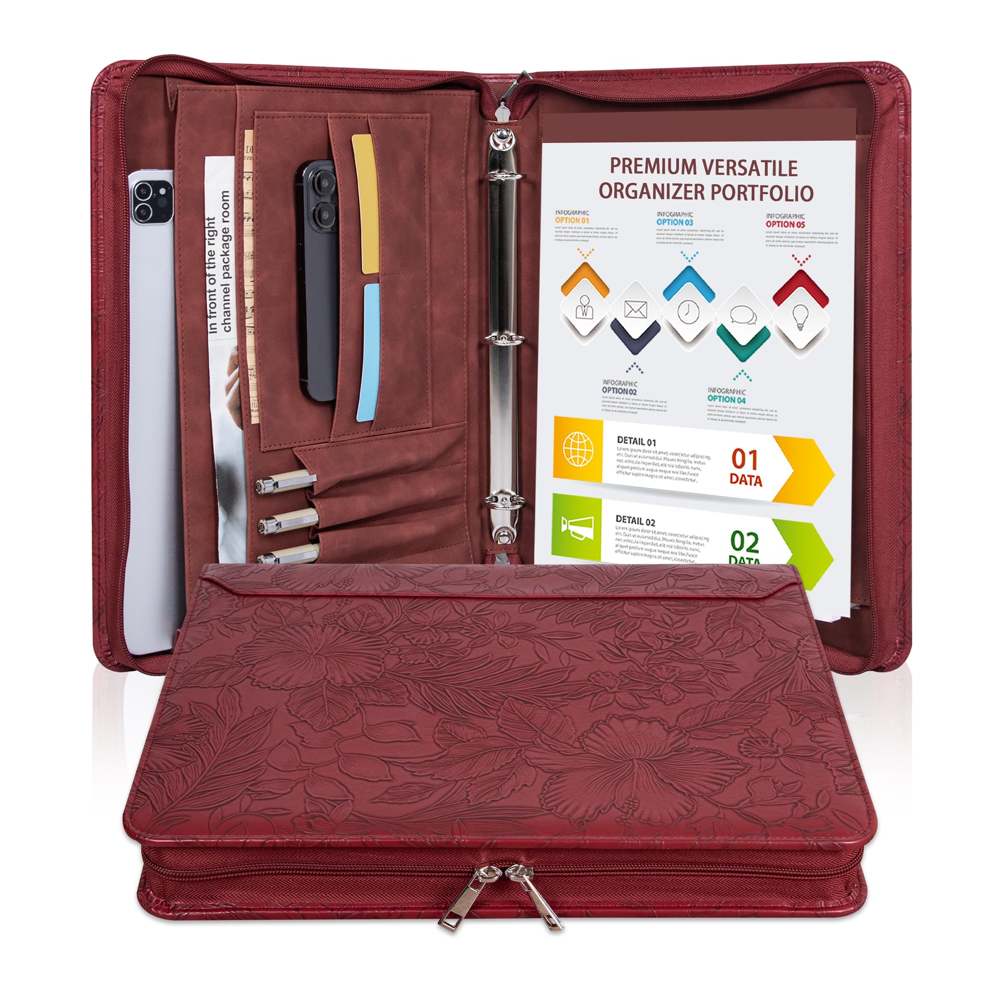 Amazon.com : Vintage Red Embossed Vegan Leather Binder Portfolio for ...